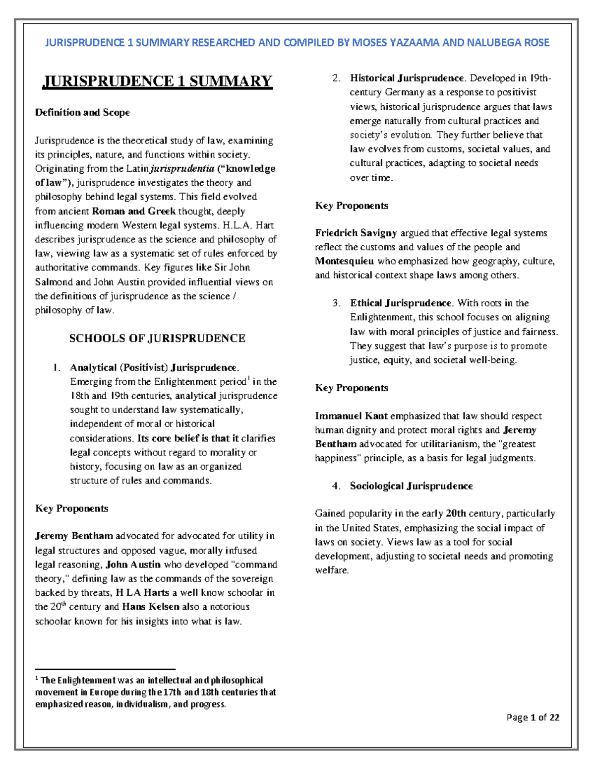 Juris 1 summary (1)-1 - It summarized all the schools of thought - JURISPRUDENCE 1 SUMMARY - Studocu