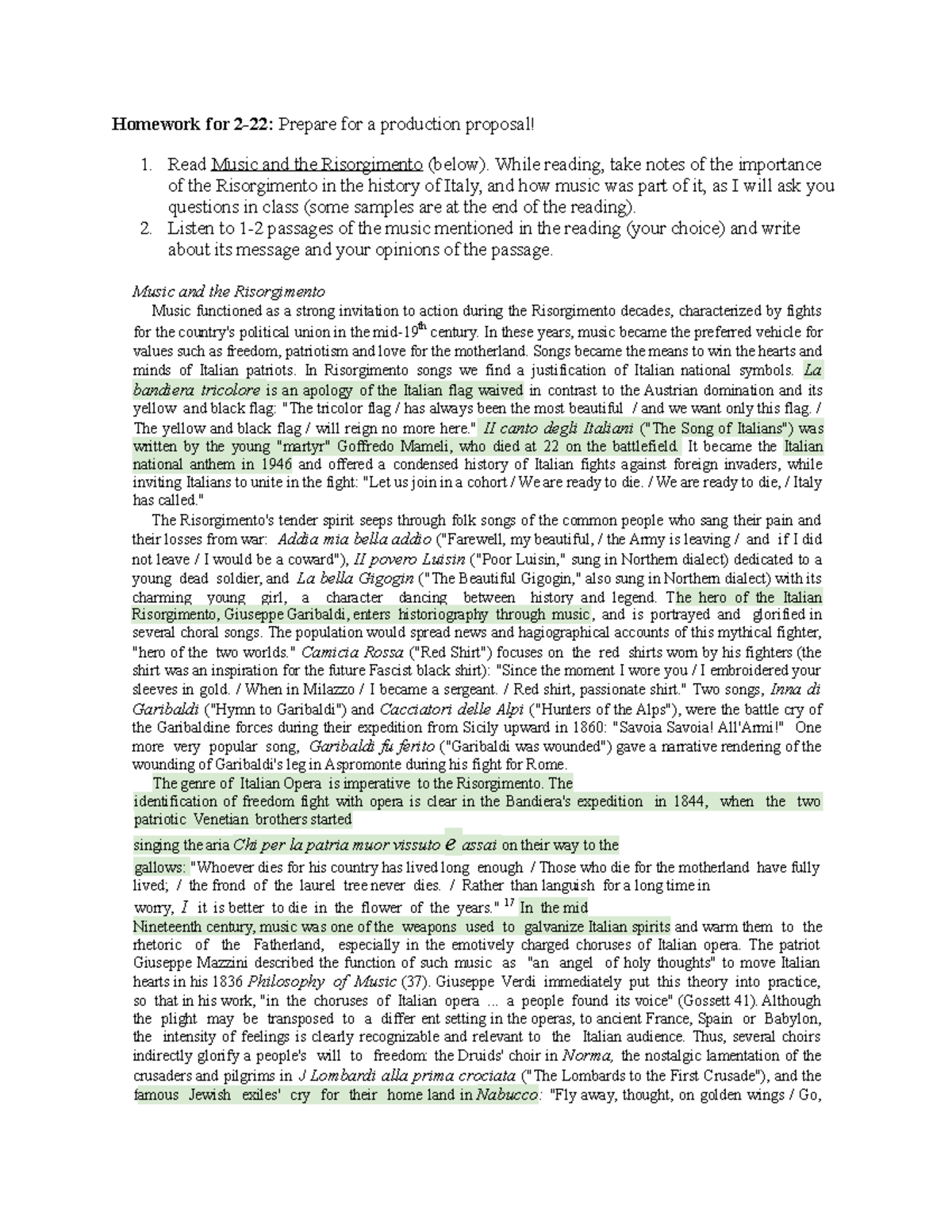 Italian Homework 2-22 - Homework for 2-22: Prepare for a production ...