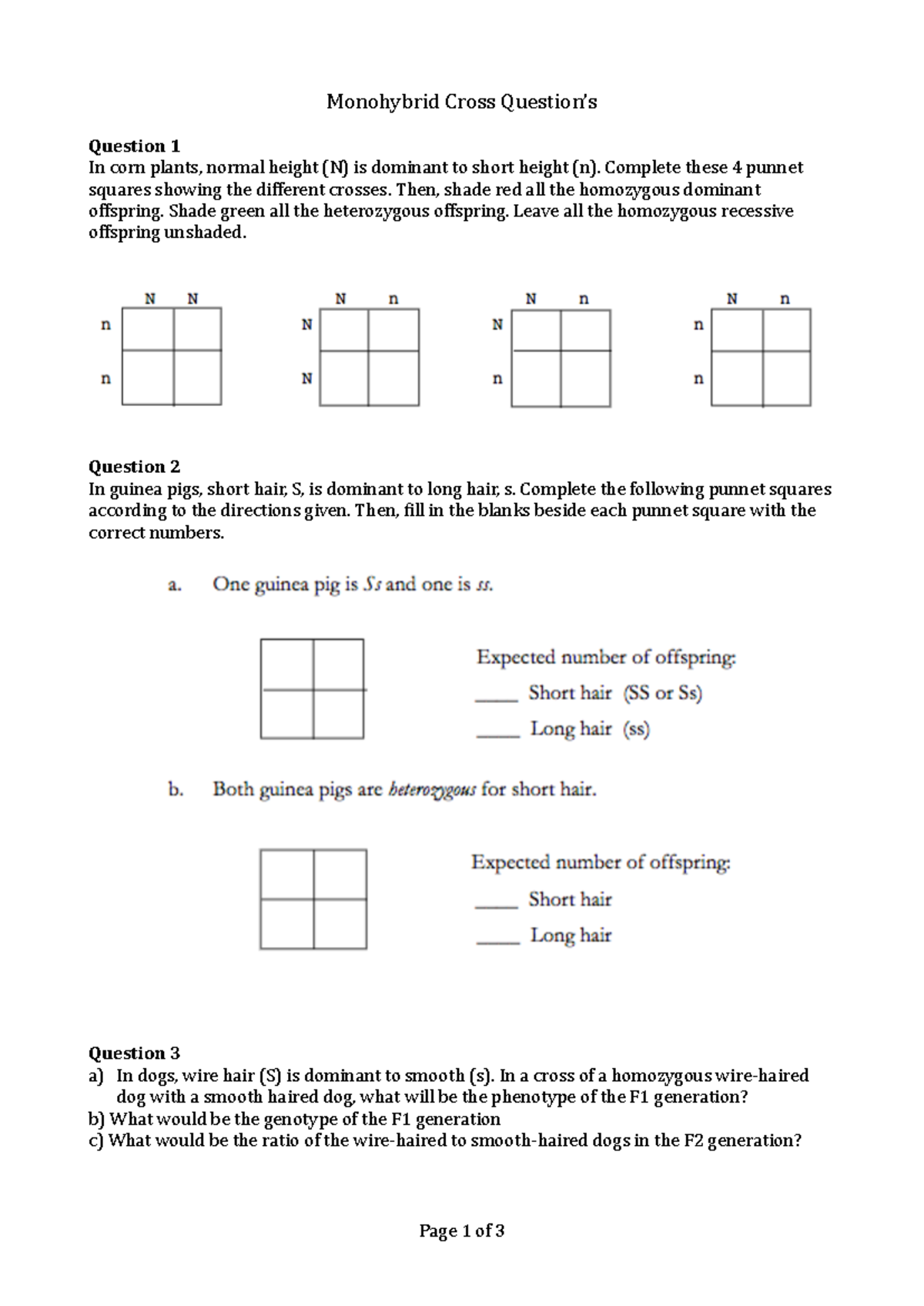 Monohybrid cross questions - Monohybrid Cross Question’s Question 1 In ...