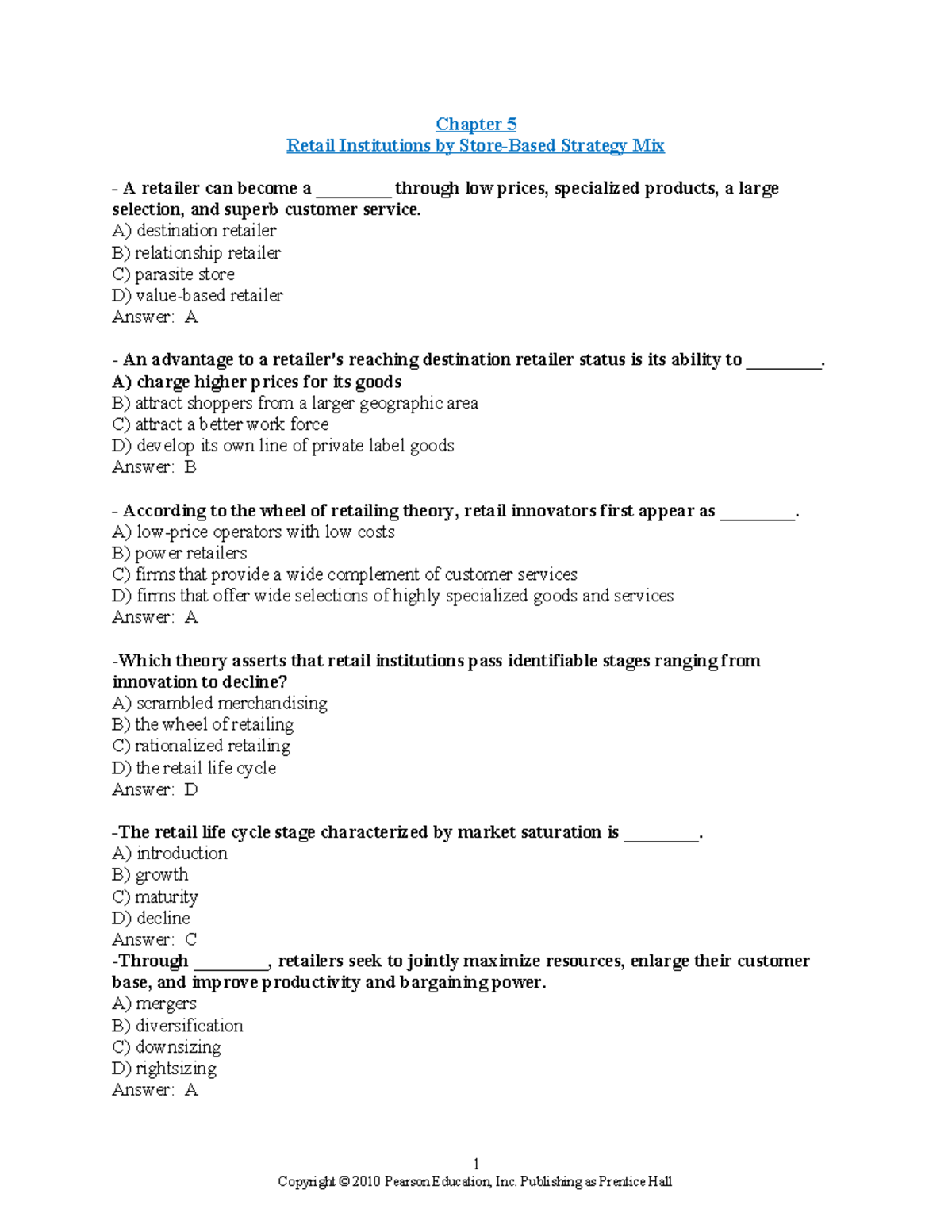 Revision sheet final ch5 - Chapter 5 Retail Institutions by Store-Based ...