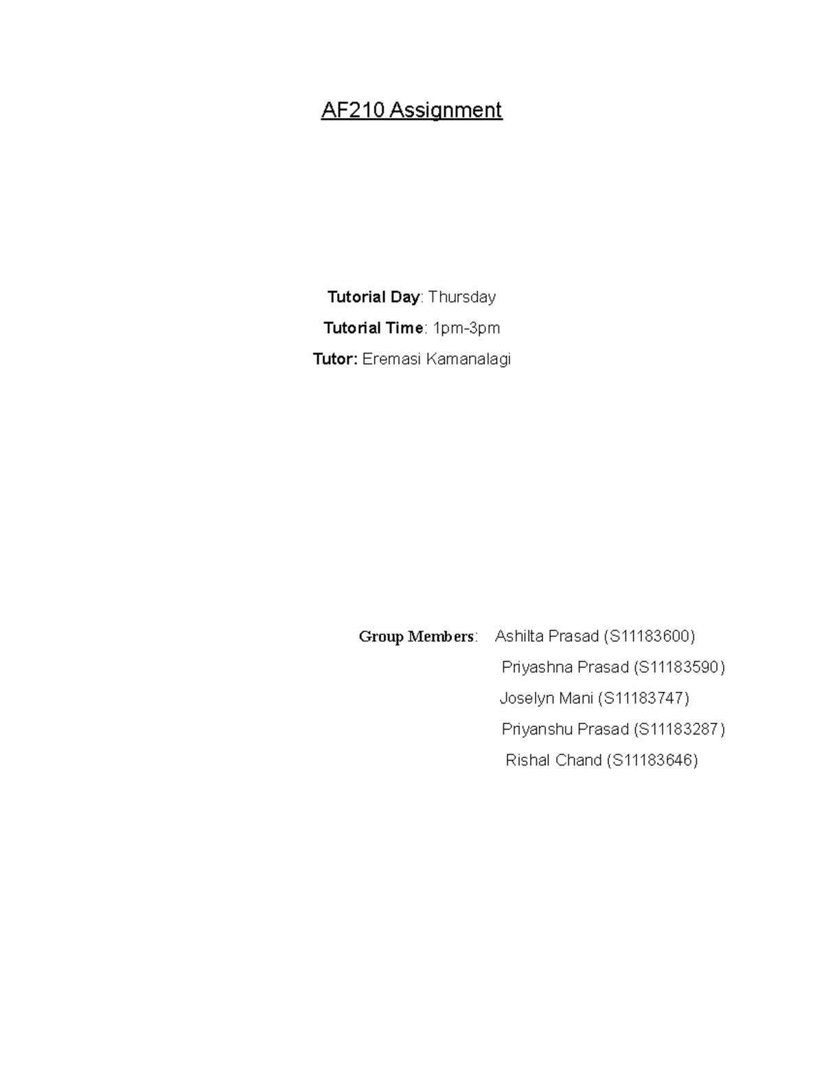 210 Assignment Writeup - AF210 Assignment Tutorial Day : Thursday ...