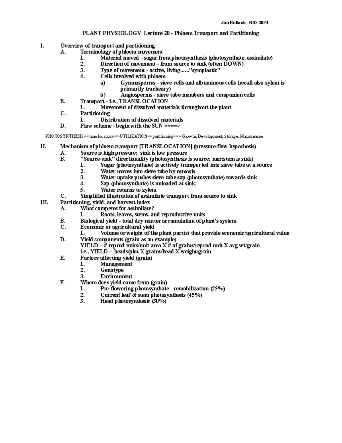 Phloem - PLANT PHYSIOLOGY LECTURE NOTES - Jim Bidlack - BIO 3024 PLANT ...