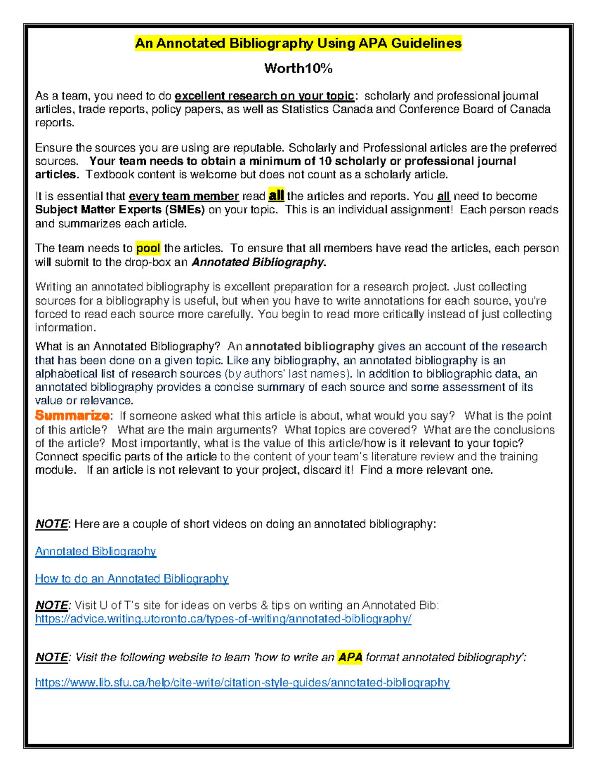 Annotated Bibliography Assignment - MHR 600 - Toronto Met - Studocu