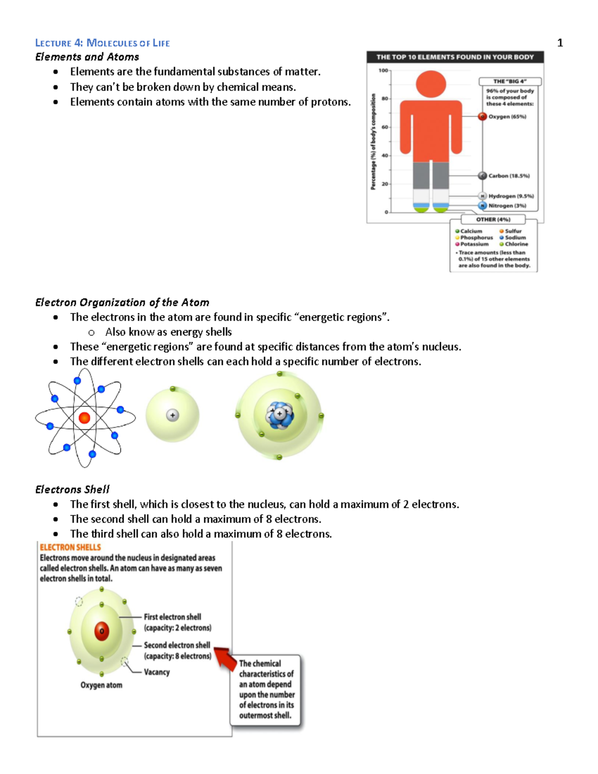 Lecture 4- Molecules of Life - LECTURE 4: MOLECULES OF LIFE 1 Elements ...