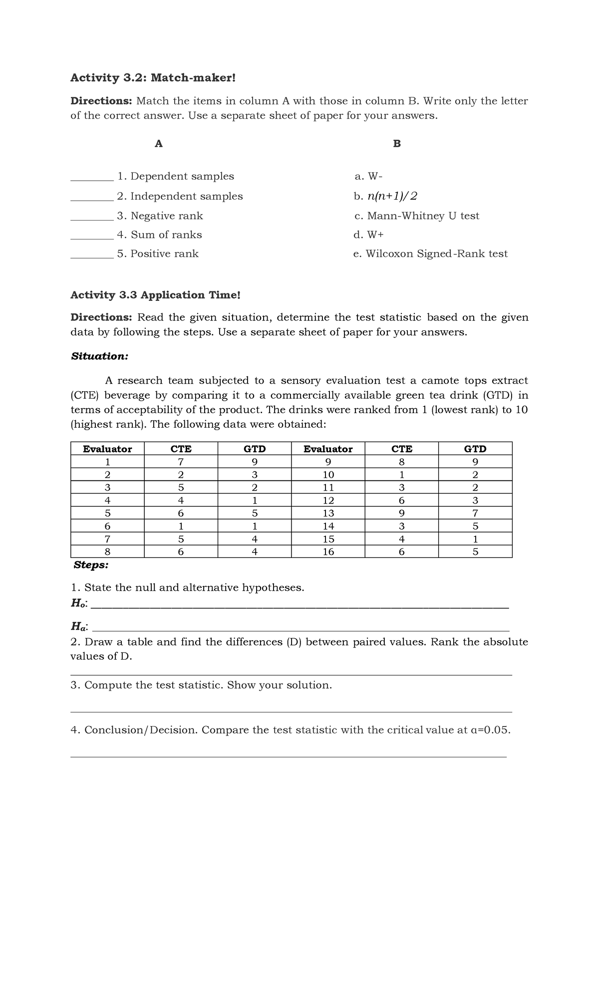 Wilcoxon Signed Rank Test - Activity 3: Match-maker! Directions: Match ...