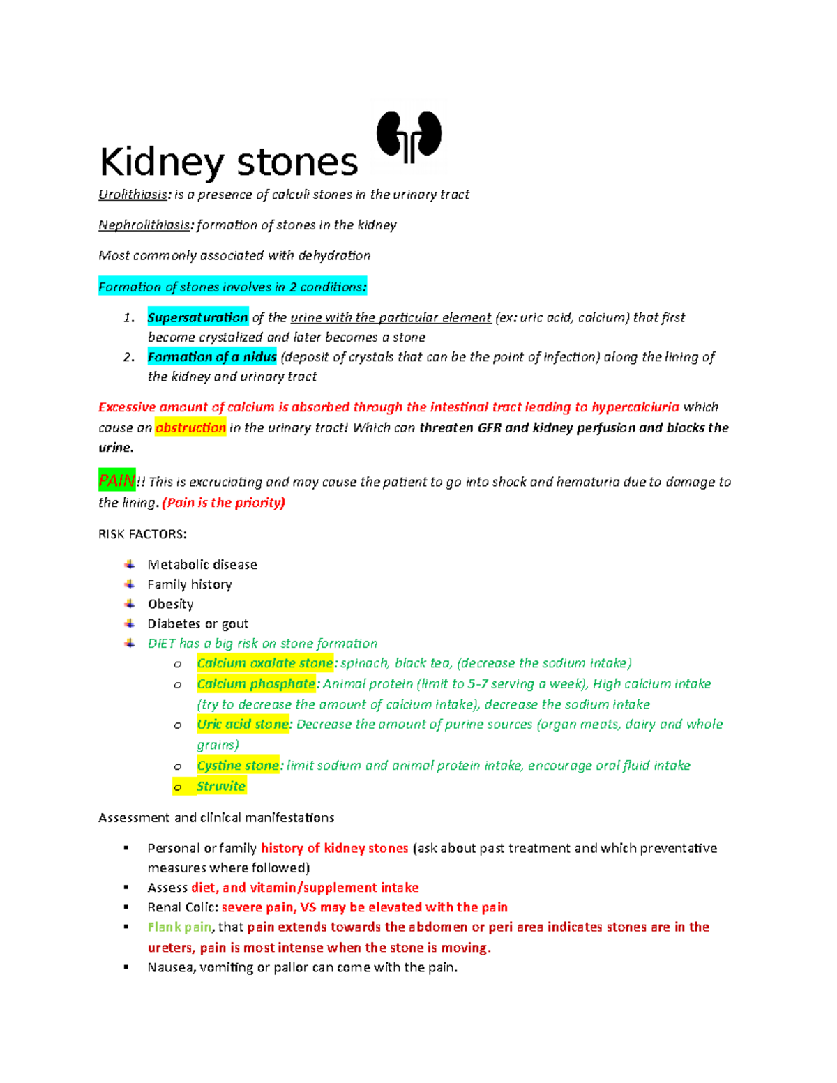 Kidney stones and BPH study guides - Kidney stones Urolithiasis: is a ...