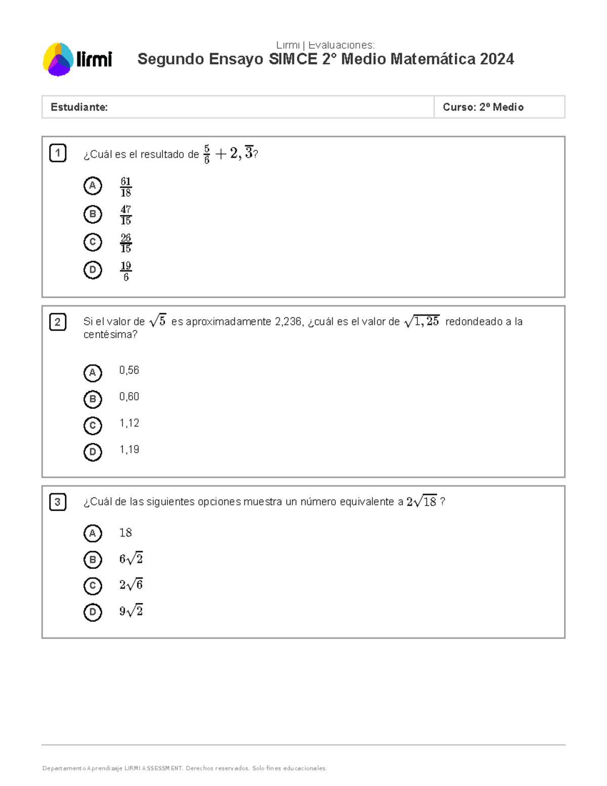Segundo ensayo simce 2 medio matematica 2024 5593872 - Lirmi | Evaluaciones: Segundo Ensayo ...