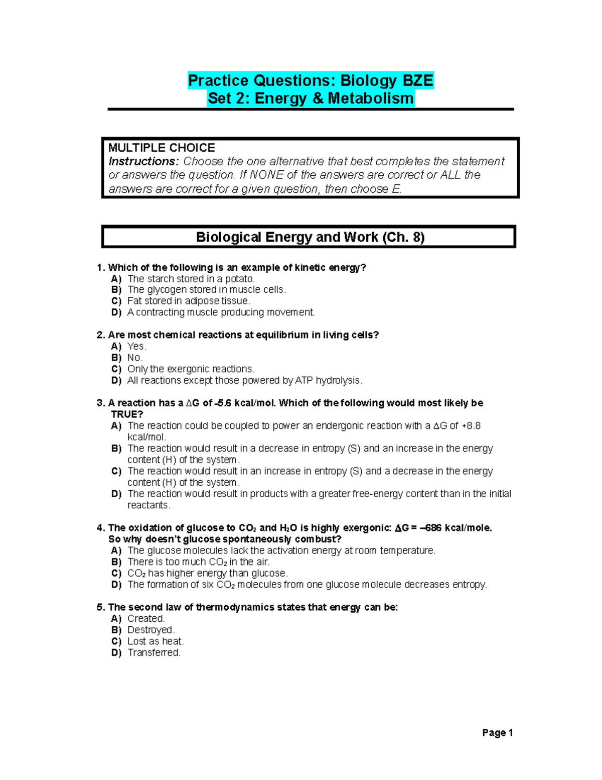 Review Questions Set 2: Energy & Metabolism - Practice Questions ...