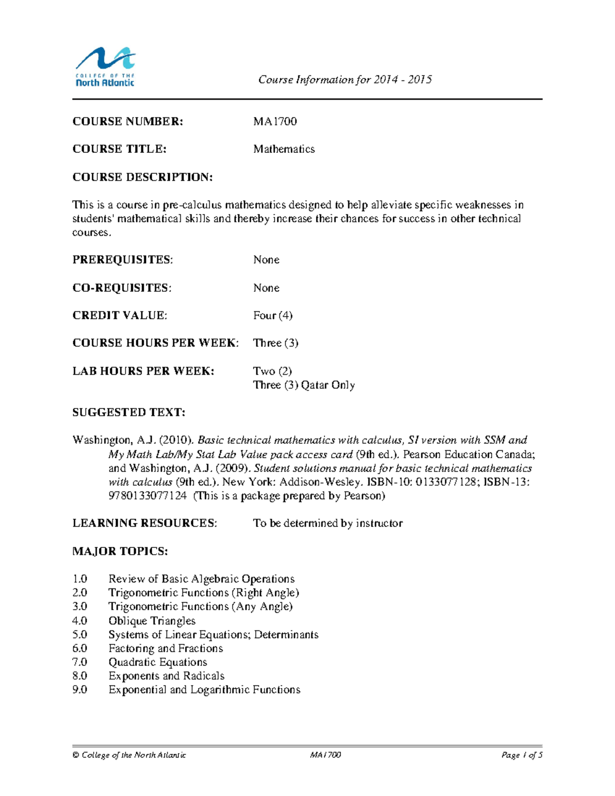MA1700 Syllabus - Summary Mathematics - Course Information for 2014 ...