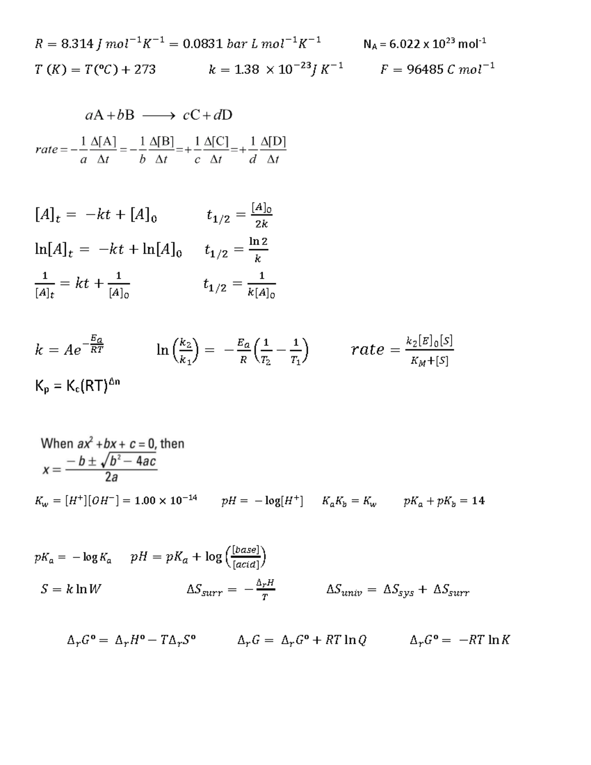 CHEM1001 formulas - 𝑅 = 8. 314 𝐽 𝑚𝑜𝑙− 1 𝐾− 1 = 0. 0831 𝑏𝑎𝑟 𝐿 𝑚𝑜𝑙− 1 𝐾− ...