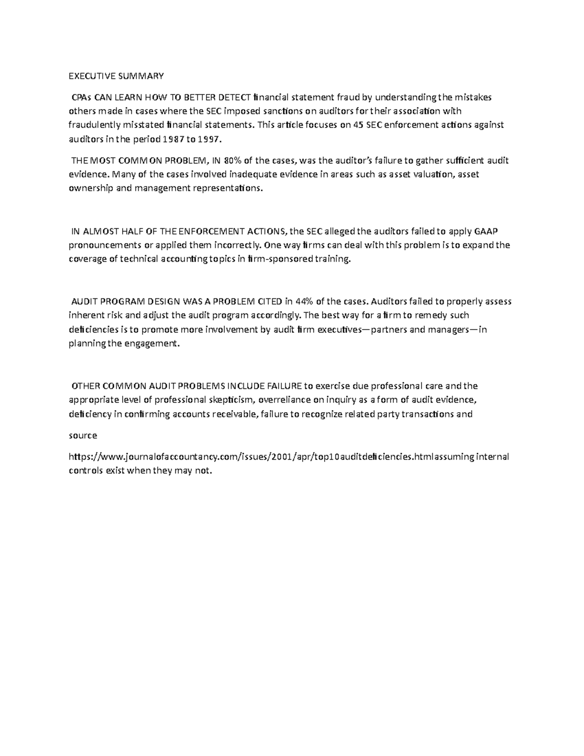 Stodocu - this is for audacity problems - EXECUTIVE SUMMARY CPAs CAN ...