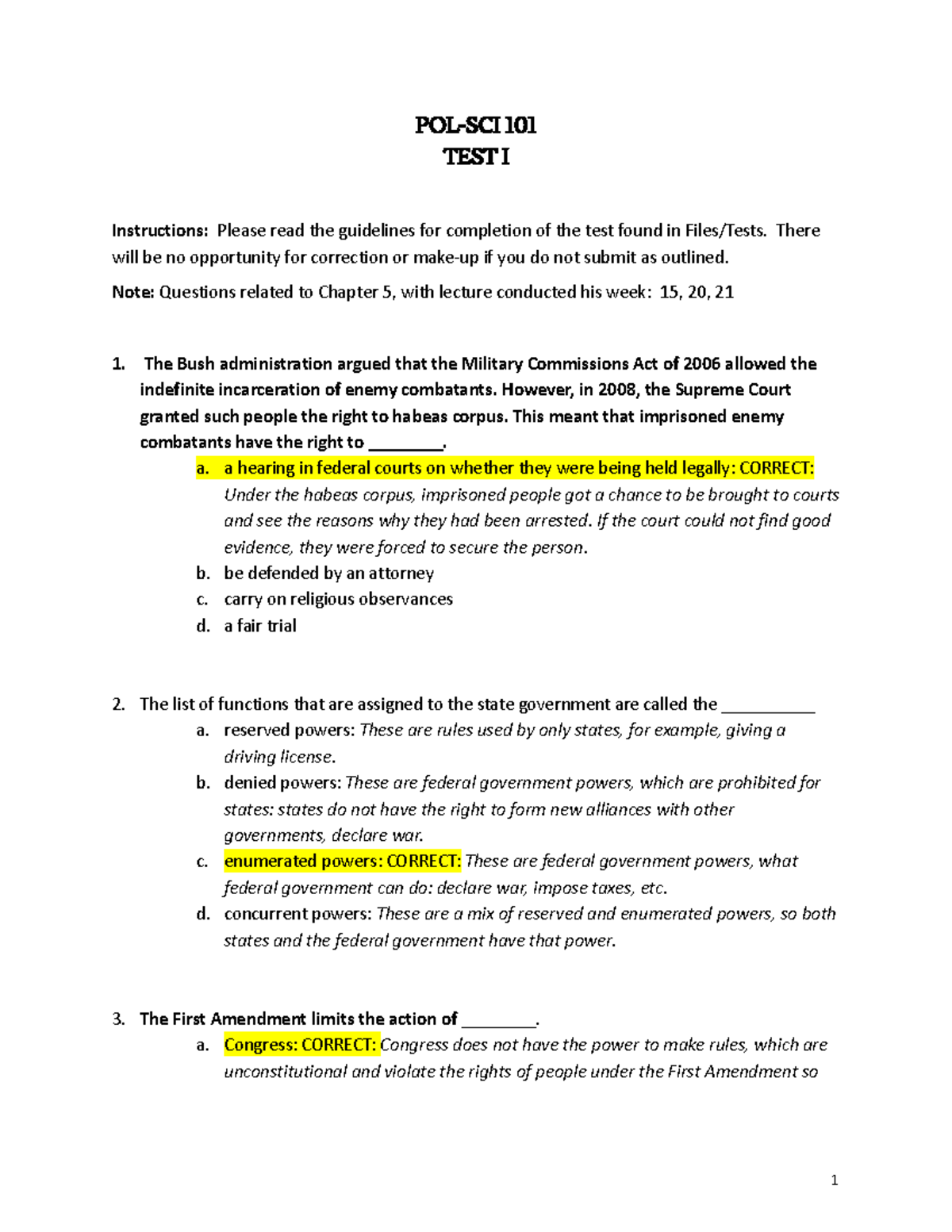 TEST 1 - PC 101 - TEST 1 - PC 101 - POL-SCI 101 TEST I Instructions ...
