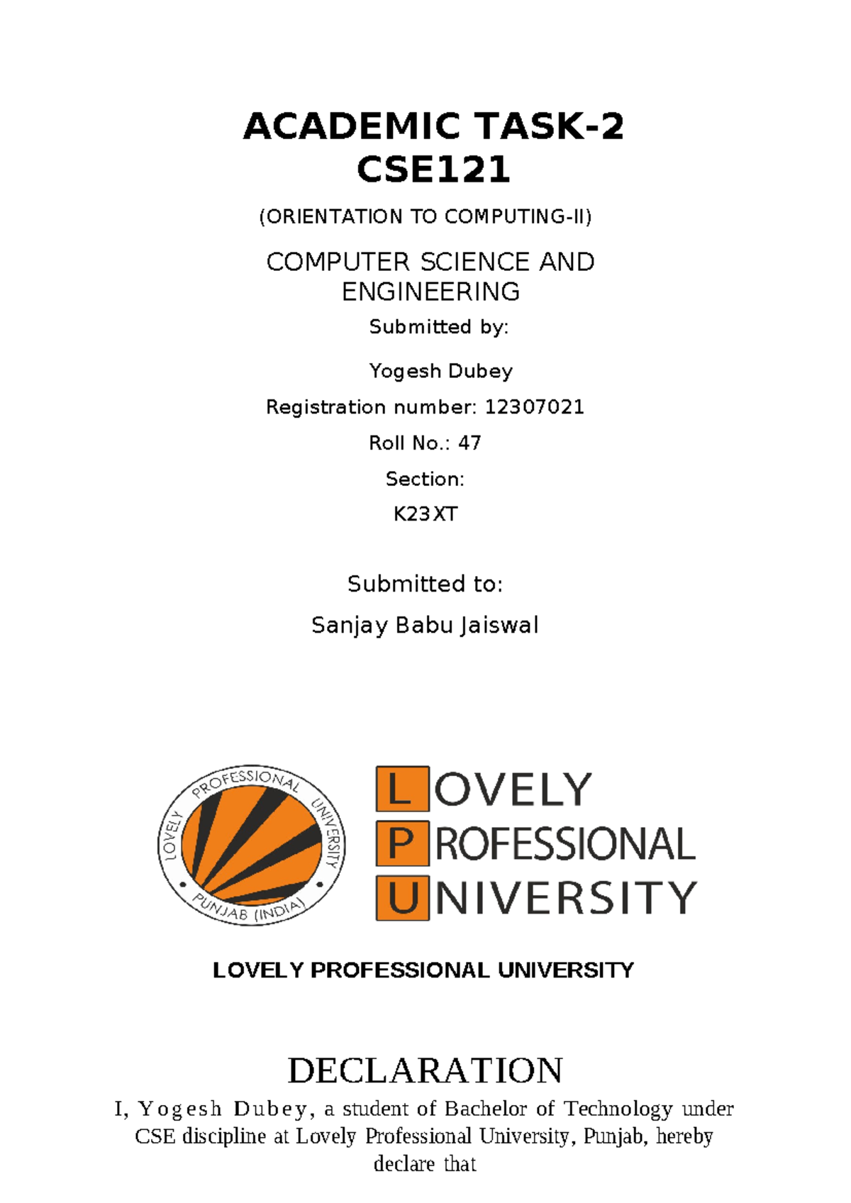 Yogesh Ca2 Academic Task Cse Orientation To Computing Ii Computer Science And Engineering