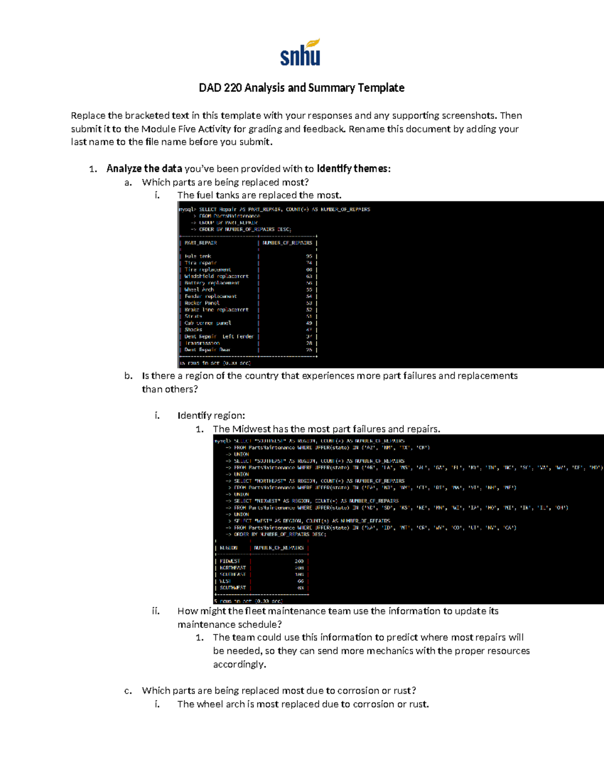 DAD-220 Module 5 Analysis Activity - DAD 220 Analysis and Summary Template Replace the bracketed ...