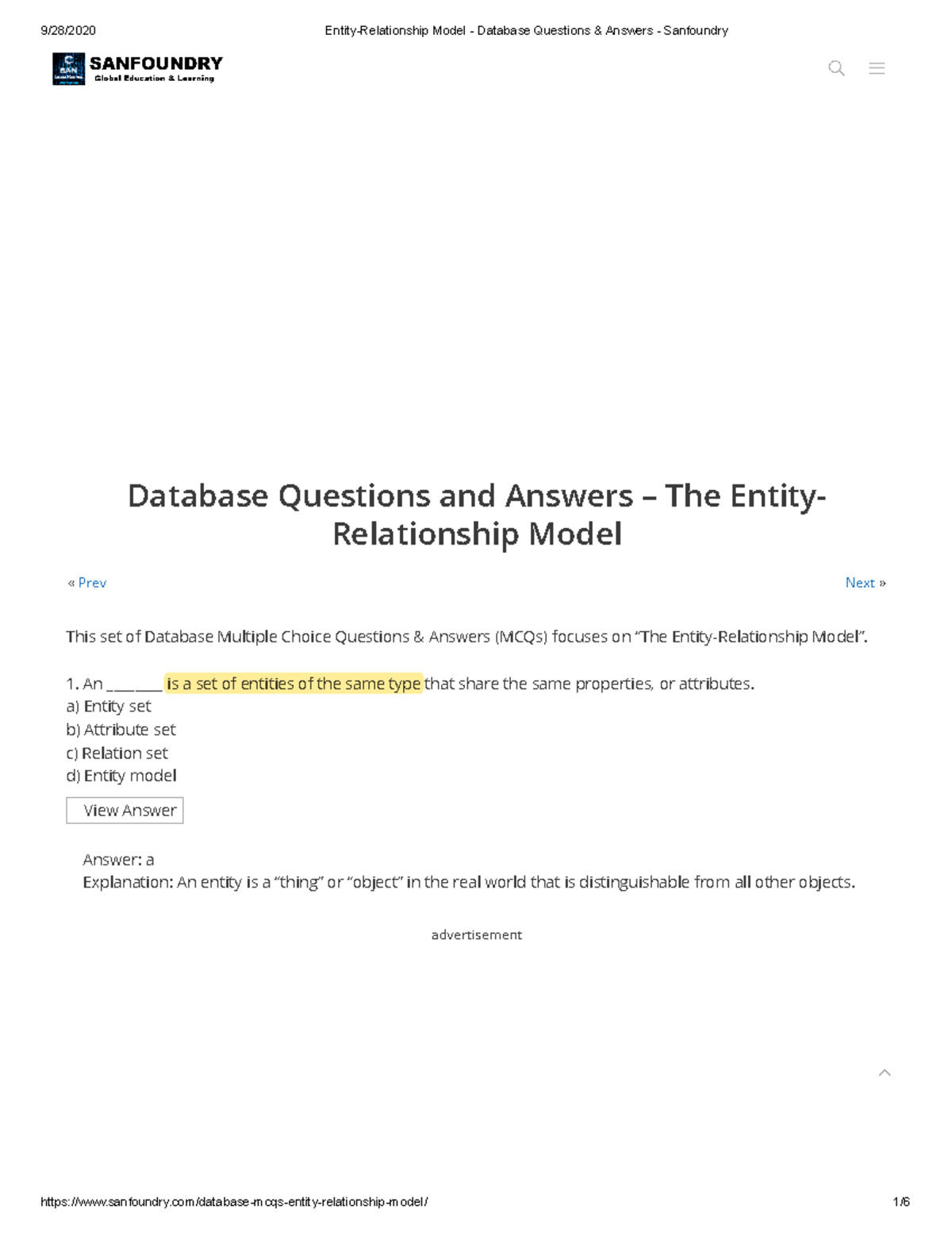 Entity-Relationship Model - Database Questions & Answers - Sanfoundry - « Prev Next » Database ...