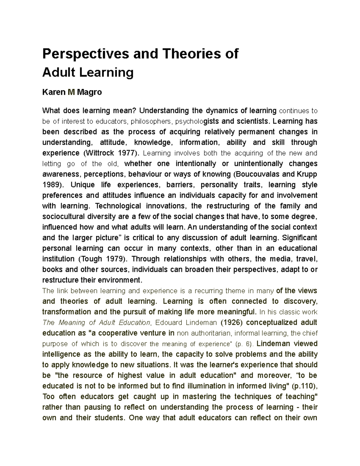 Magro K.M. Perspectives and Theories of Adult Learning - Perspectives ...
