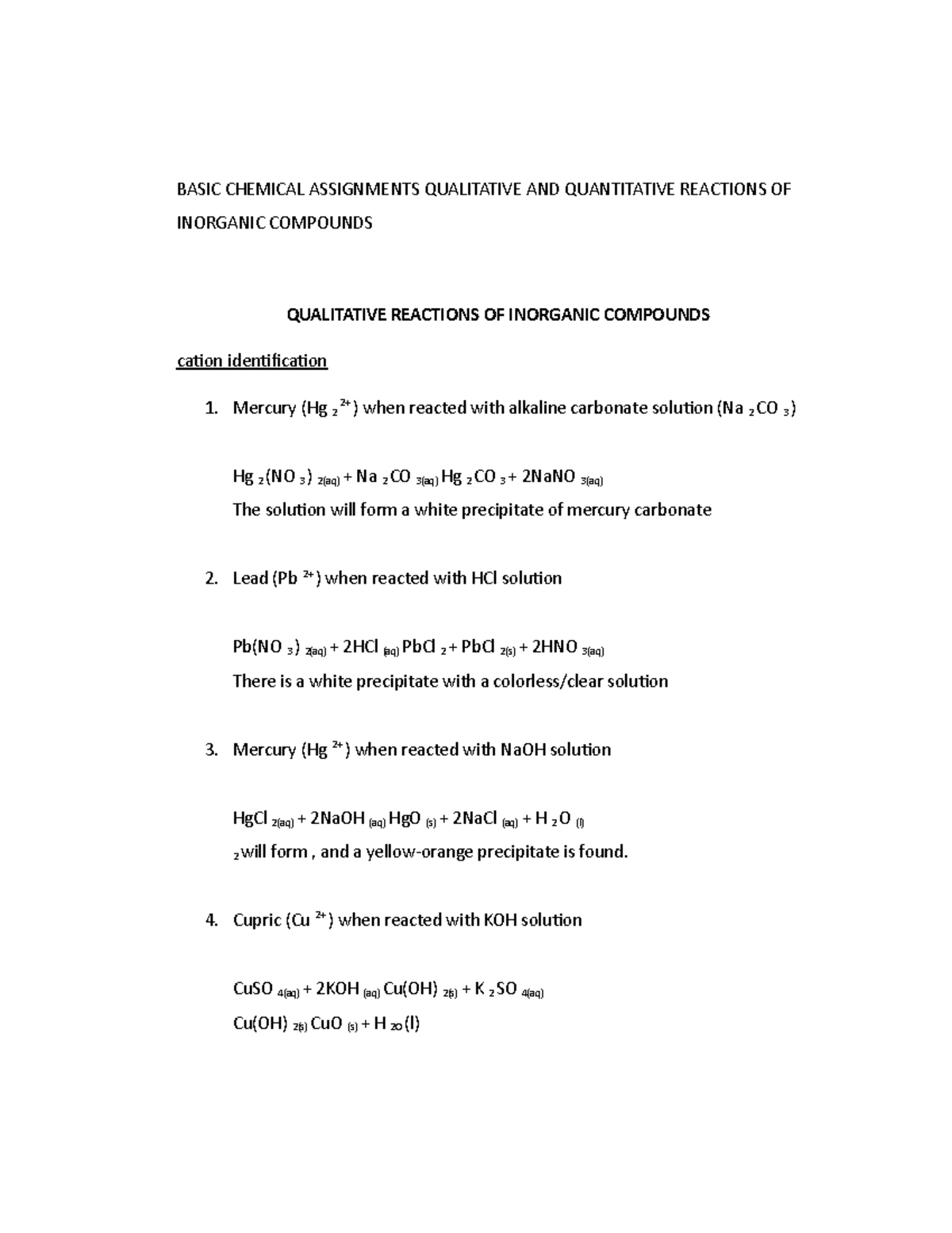 Cation identification - BASIC CHEMICAL ASSIGNMENTS QUALITATIVE AND ...