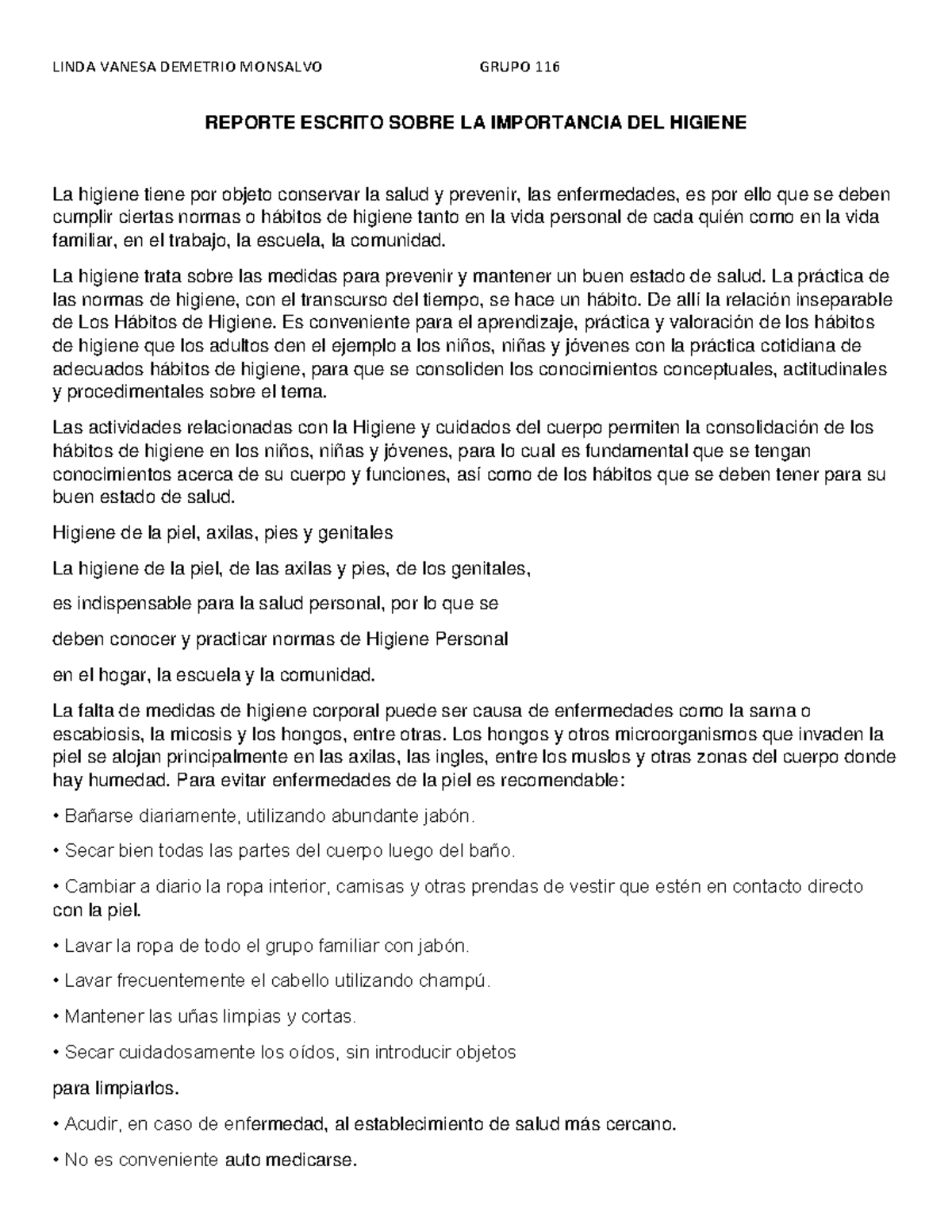 Reporte Escrito Sobre LA Importancia DEL Higiene - LINDA VANESA ...