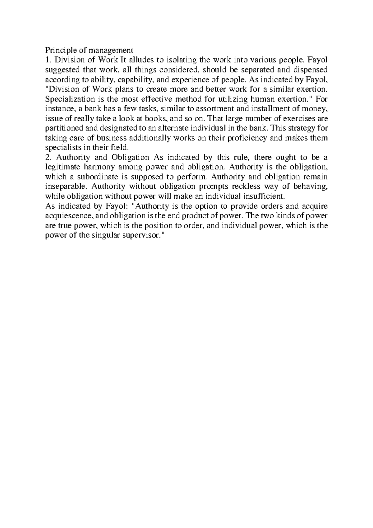 Management - Principle of management Division of Work It alludes to ...