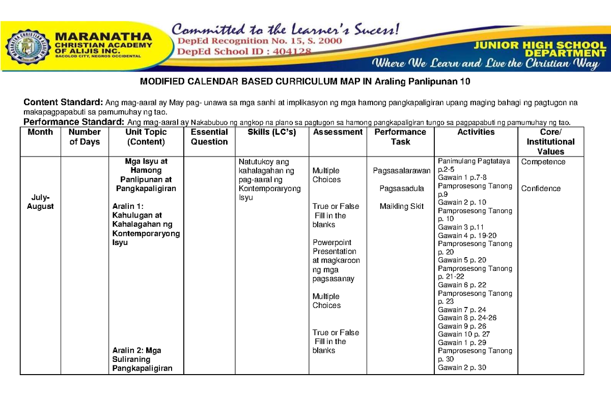Curriculum MAP-ap10-1st - MODIFIED CALENDAR BASED CURRICULUM MAP IN ...