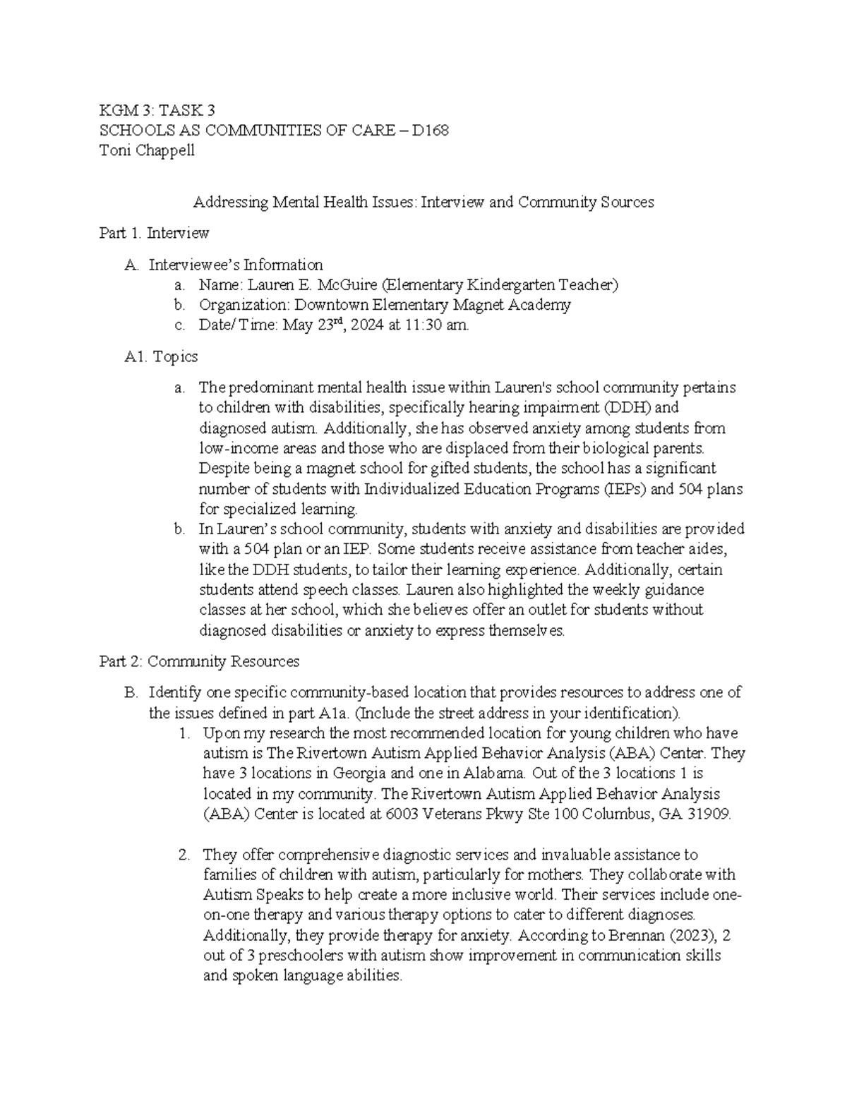 KGM3 Task 3 - PASSED - KGM 3: TASK 3 SCHOOLS AS COMMUNITIES OF CARE – D ...