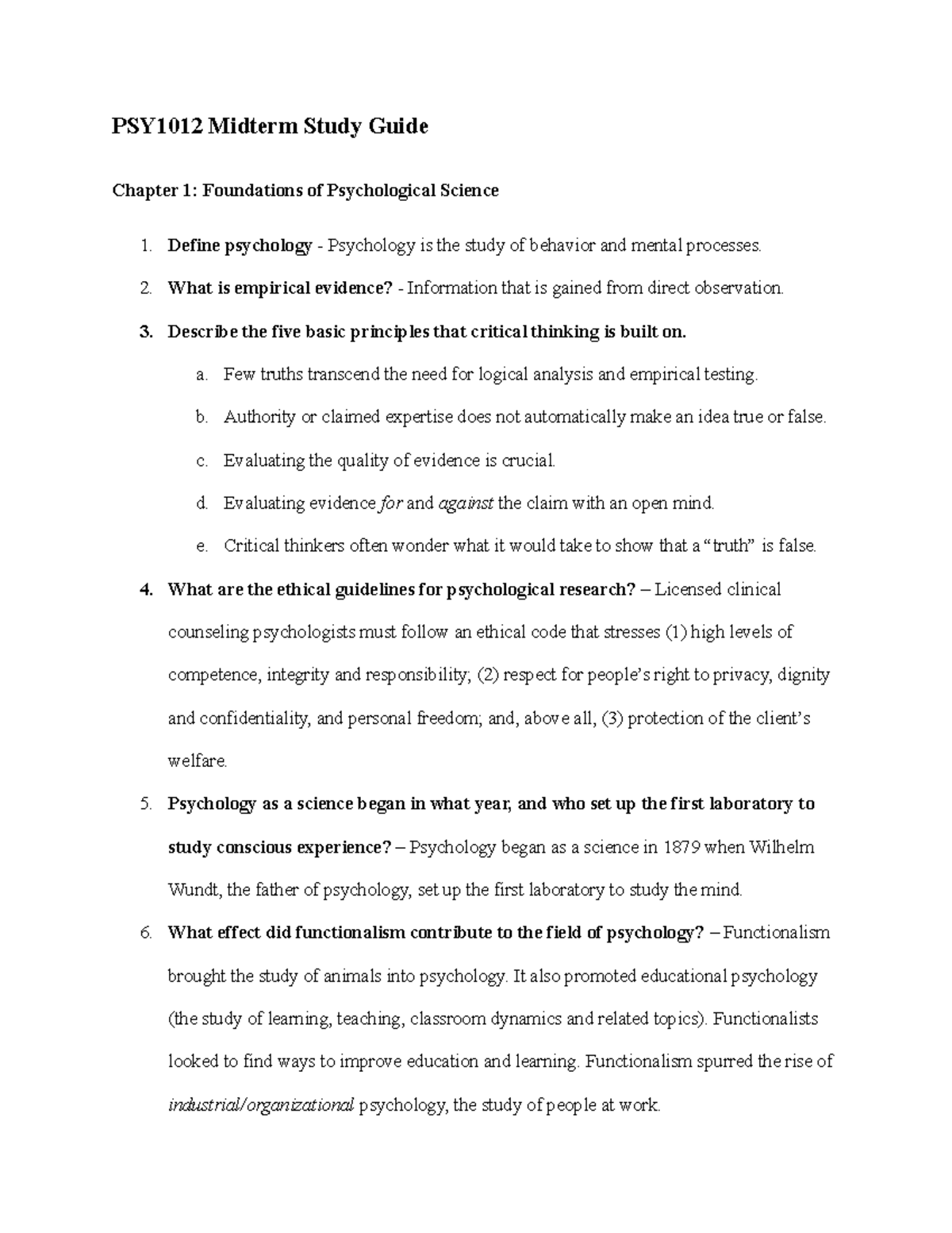 PSY1012 Midterm Study Guide - PSY1012 Midterm Study Guide Chapter 1: Foundations of ...