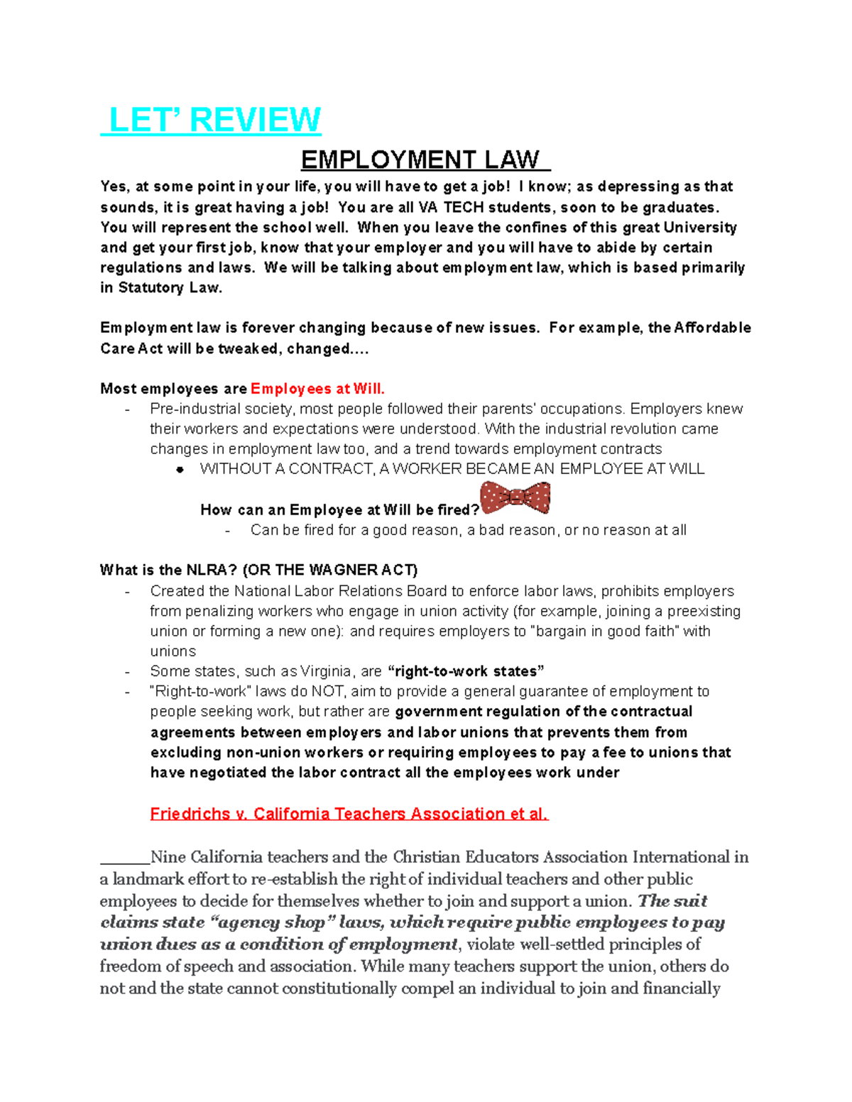 Study Guide for Exam 4 for Business Law PART 3 - LET’ REVIEW EMPLOYMENT ...
