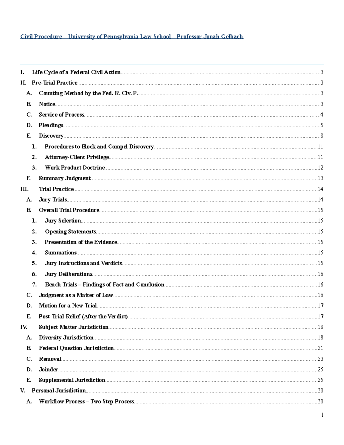 Outline for Civil Procedure - Civil Procedure – University of ...