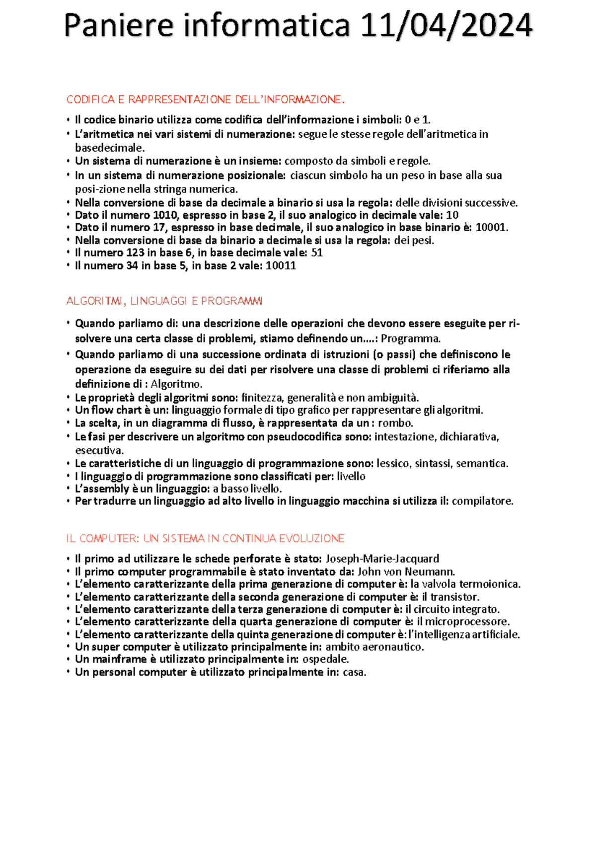 Informatica - CODIFICA E RAPPRESENTAZIONE DELL’INFORMAZIONE. • Il ...