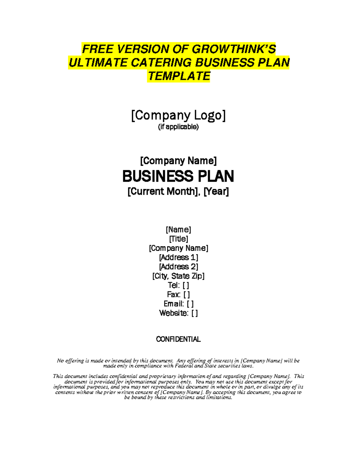 Free Version of Growthinks Catering Business Plan Template - FREE ...