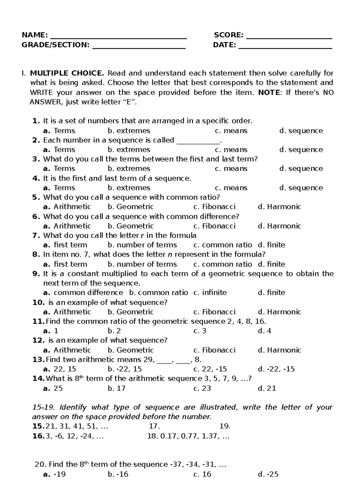 1st Quarter Exam Math10 - NAME: ______________________________________ SCORE: - Studocu