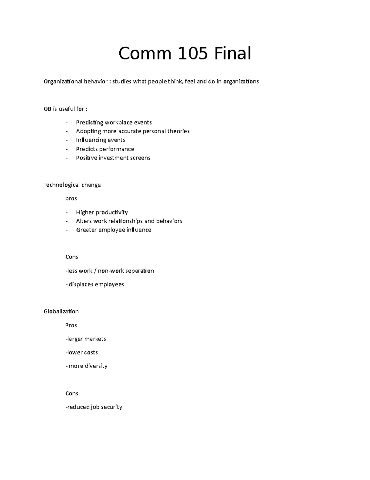 Final notes comm 105 - Comm 105 Final Organizational behavior : studies ...