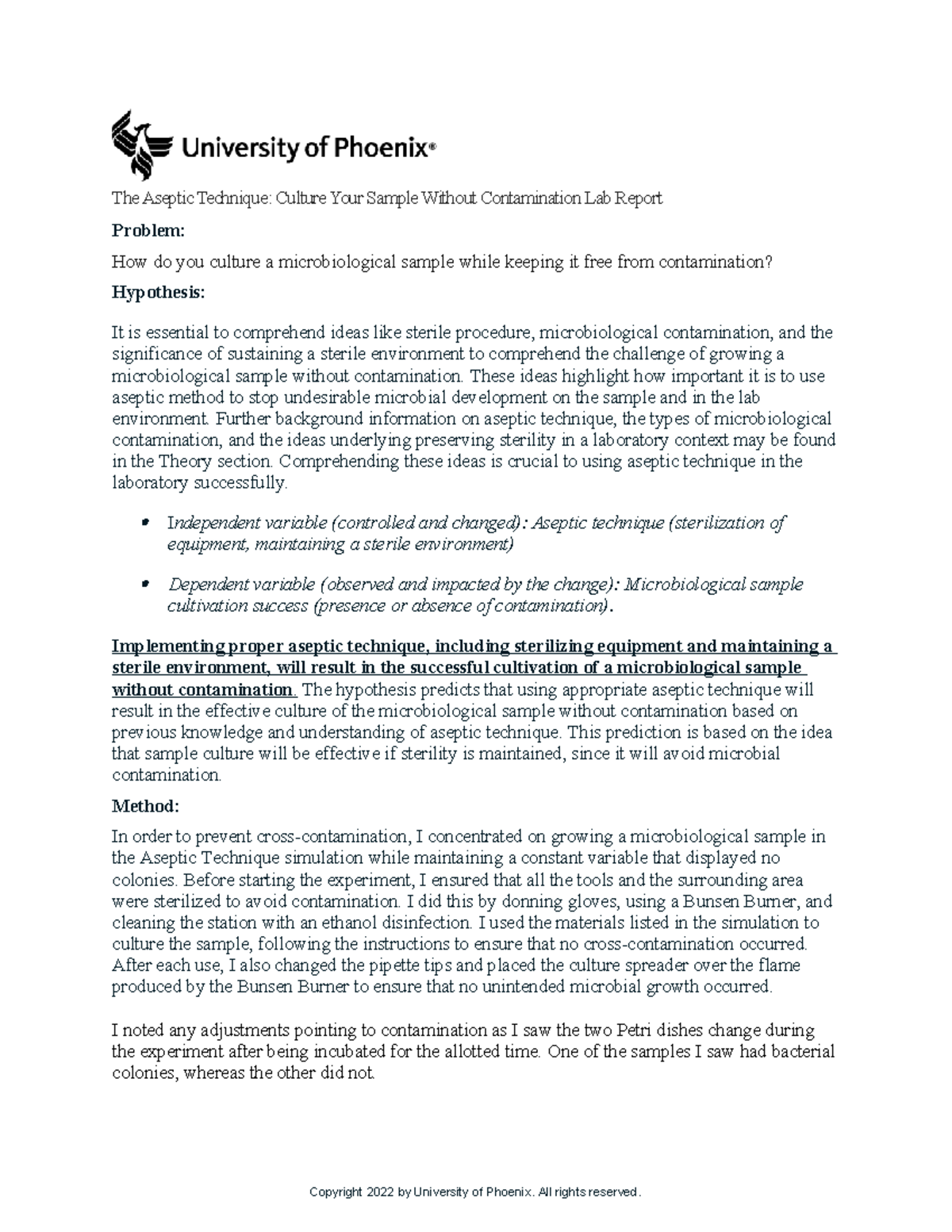 Week 1 Lab Report - The Aseptic Technique: Culture Your Sample Without ...