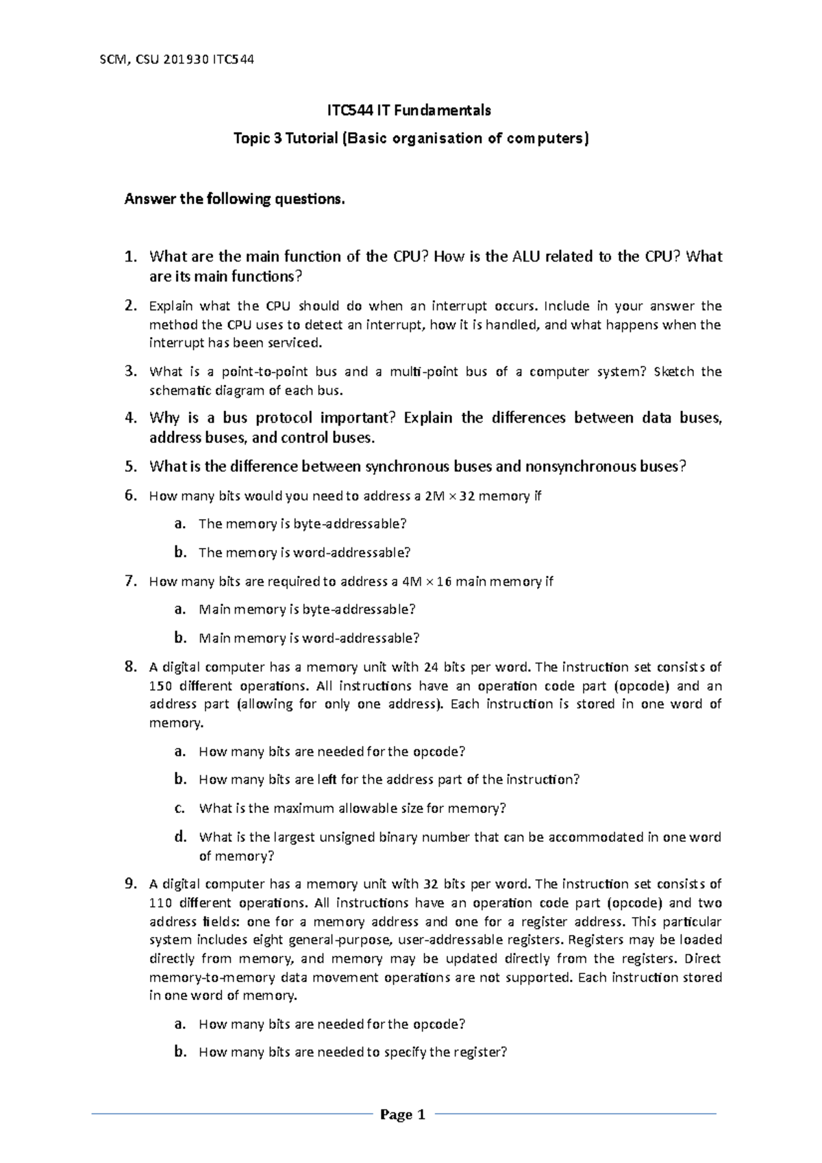 Topic 3 Tutorial QUESTIONS - SCM, CSU 201930 ITC ITC544 IT Fundamentals ...