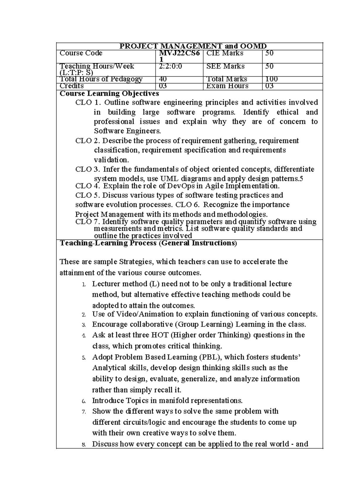 Draft Project Management and OOMD Syllabus - PROJECT MANAGEMENT and ...