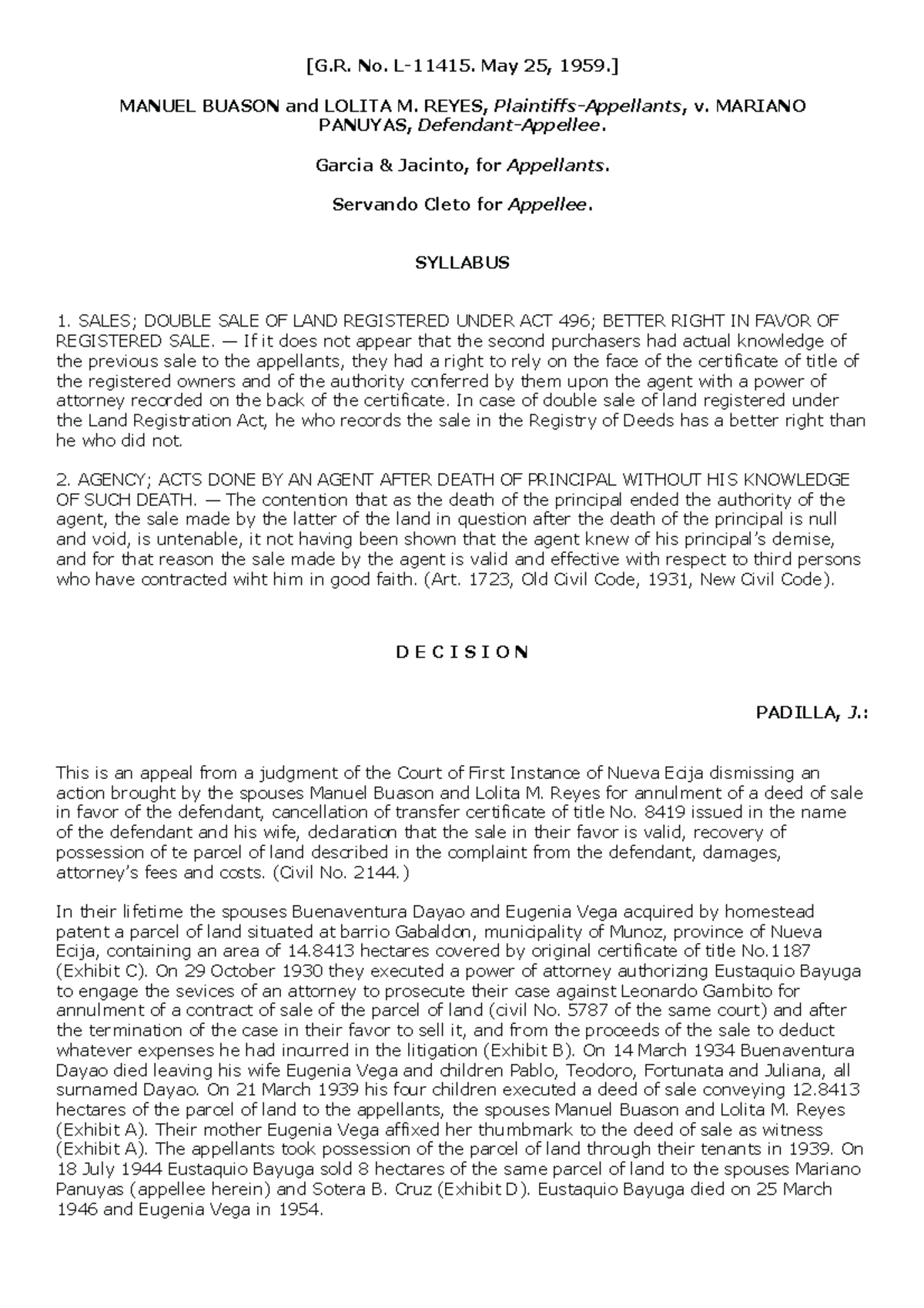 Agency Cases Batch 3 - [G. No. L-11415. May 25, 1959.] MANUEL BUASON ...