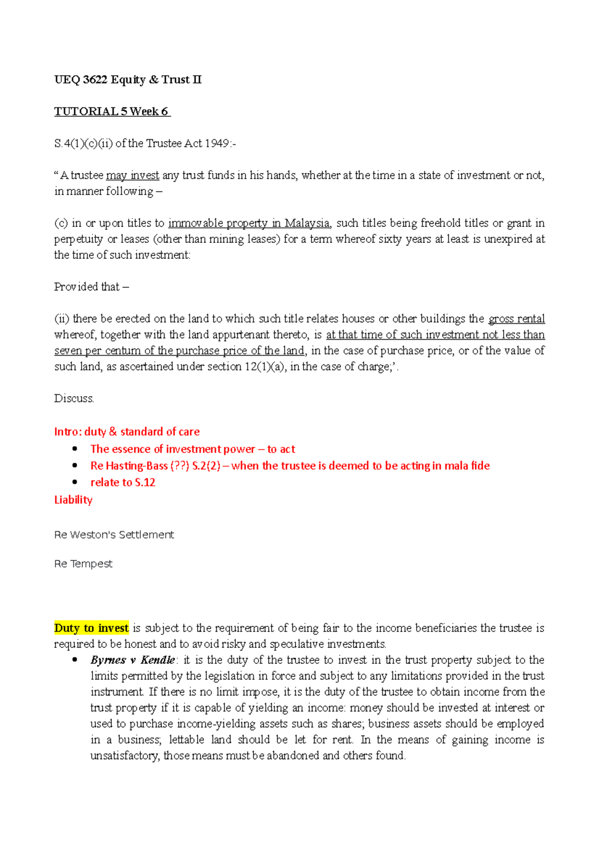 Tuto 5 duty to invest - UEQ 3622 Equity & Trust II TUTORIAL 5 Week 6 S(1)(c)(ii) of the Trustee ...