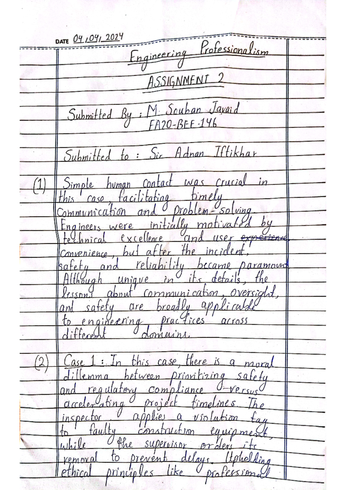 EP Assignment 2, FA20-BEE-146 - Engineering Professionalism - Studocu