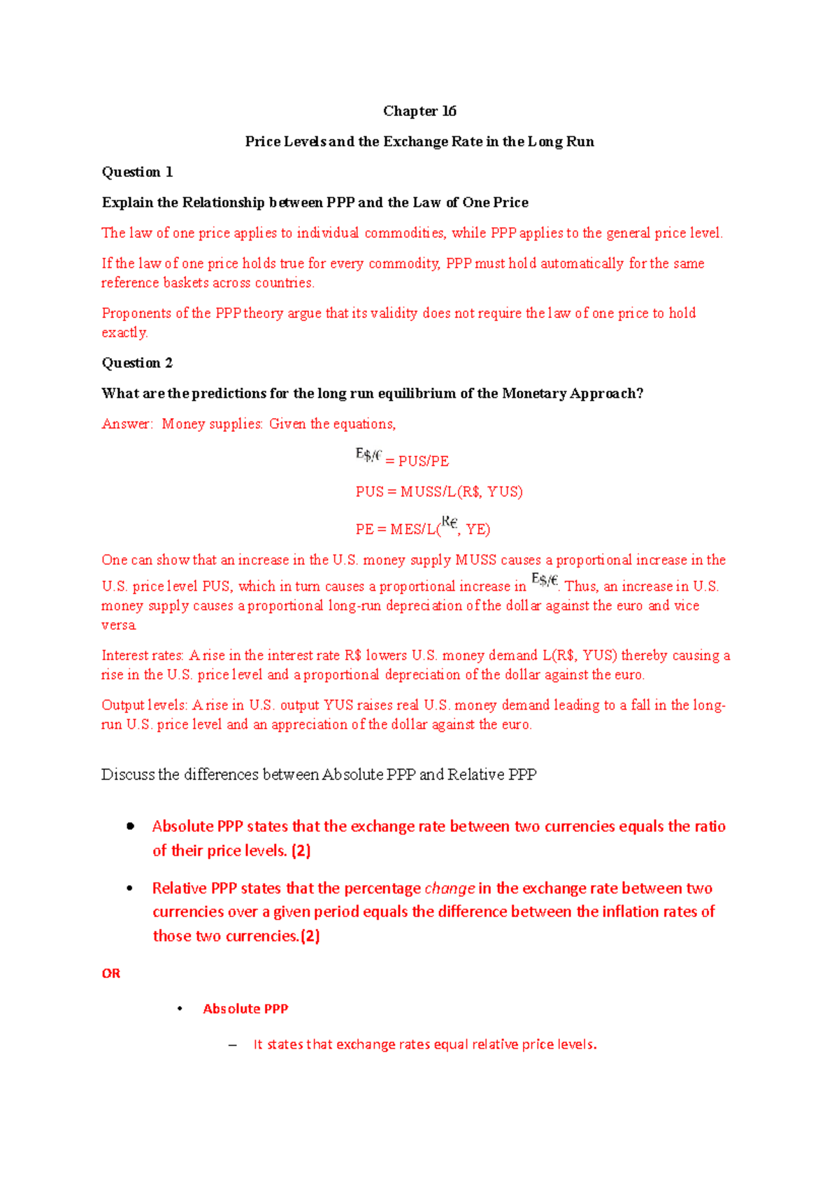 Chapter 16- practice questions and memo - Chapter 16 Price Levels and the Exchange Rate in the ...
