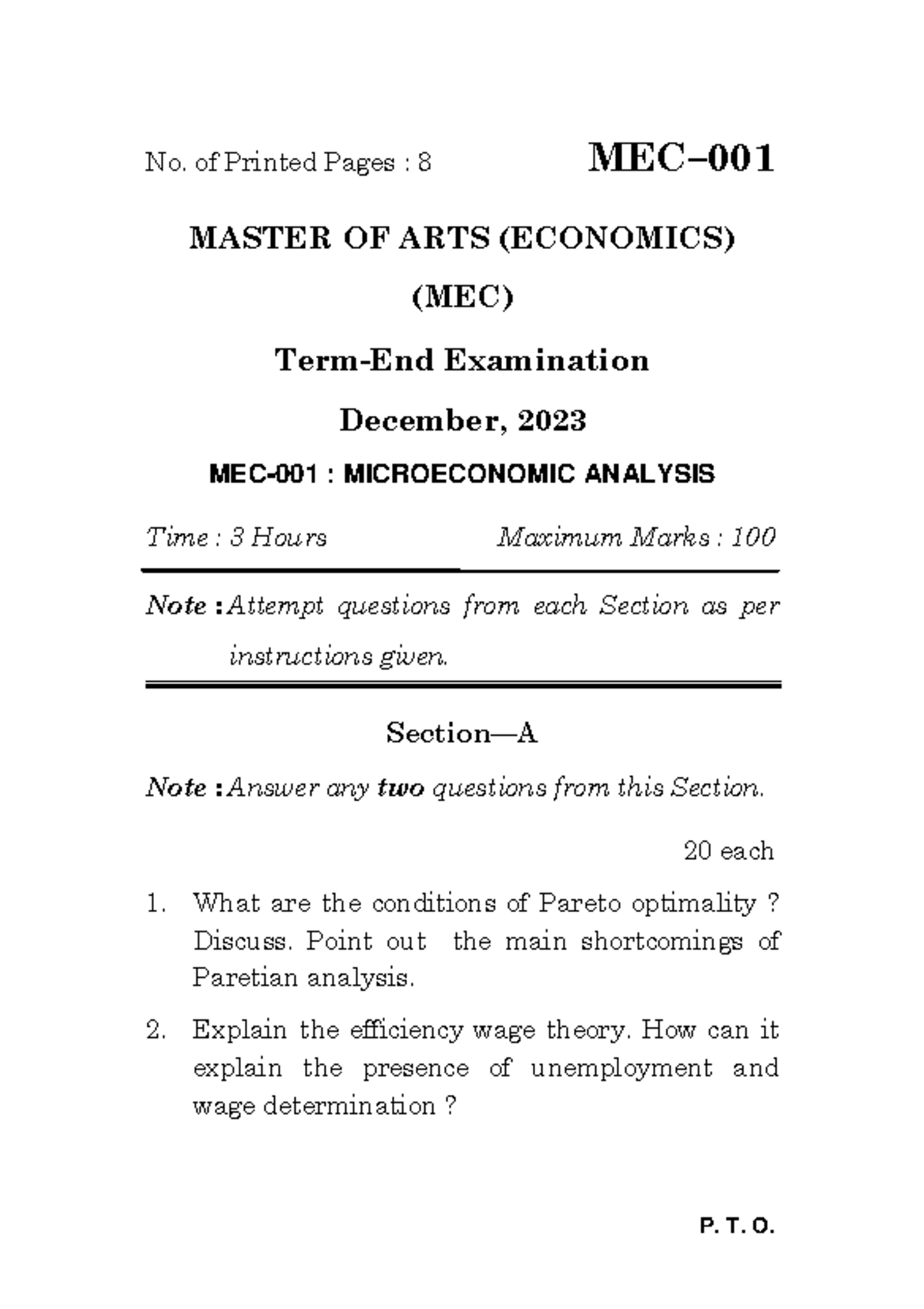 MEC-001 - MEC 001 micro economics analysis - P. T. O. No. of Printed Pages : 8 MEC– 001 MASTER ...