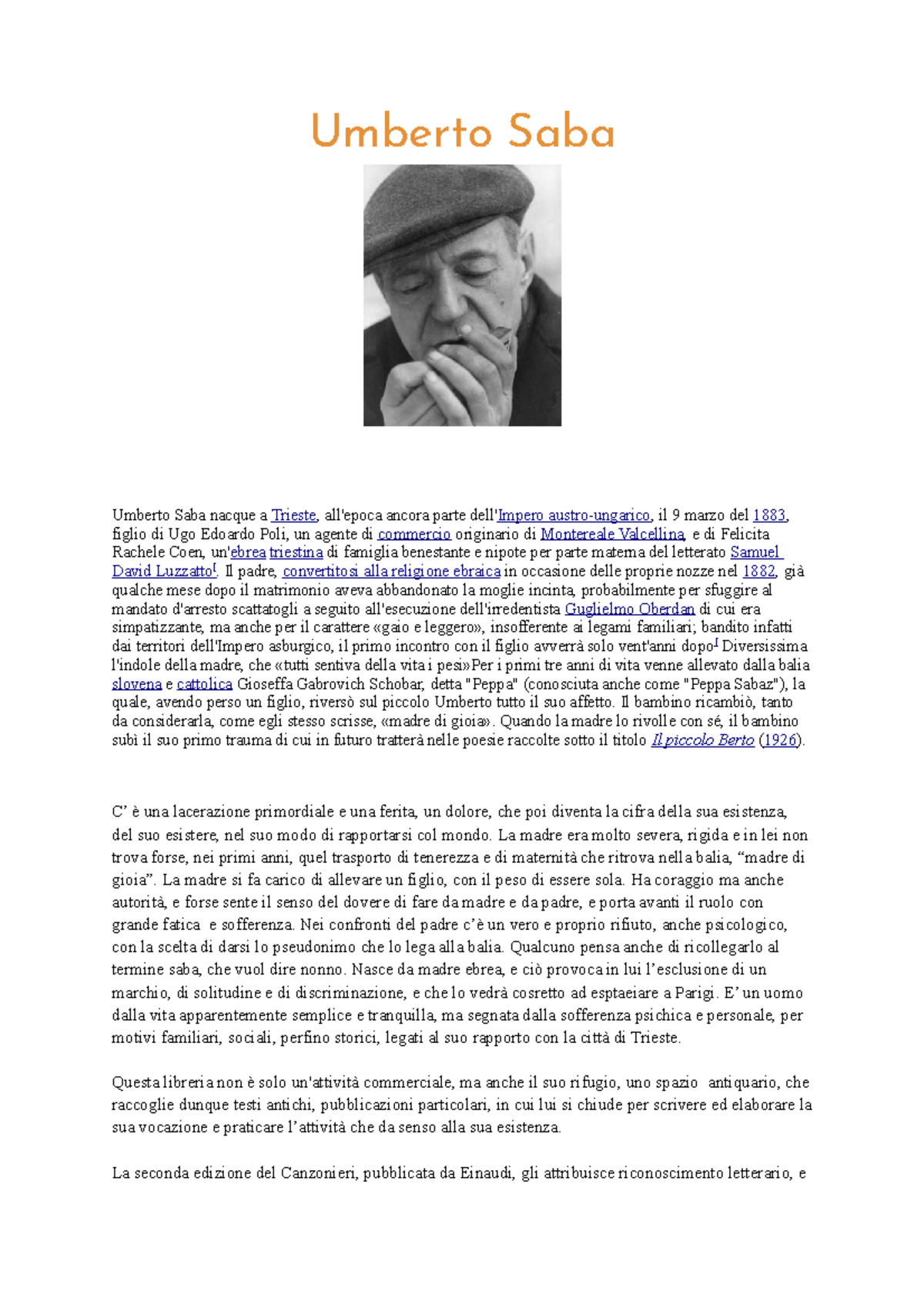 Saba definitivo - Appunti scuola superiore Umberto Saba - Umberto Saba Umberto Saba nacque a ...