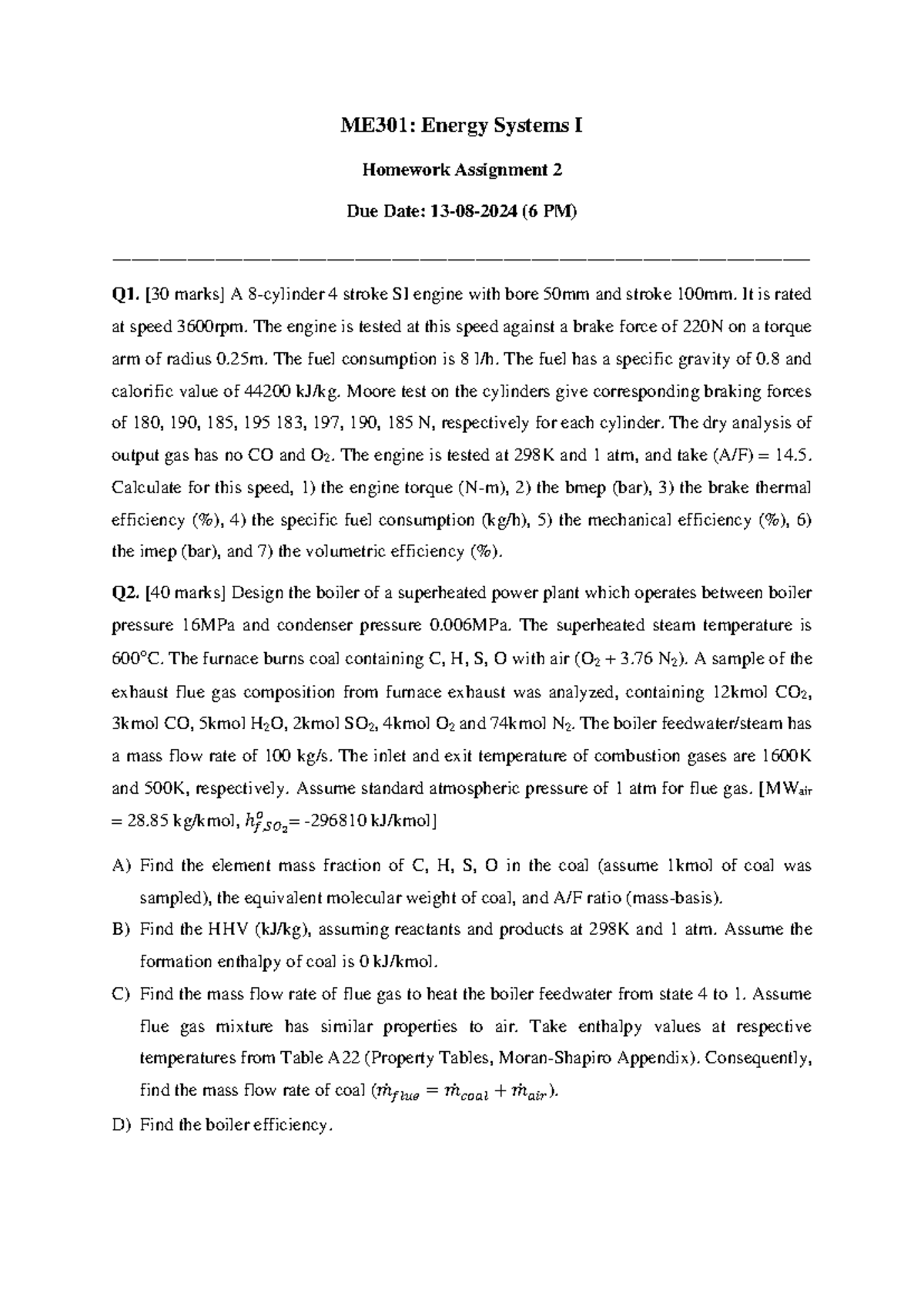 ME301-Homework 2 - me 301 assignment - ME301: Energy Systems I Homework ...