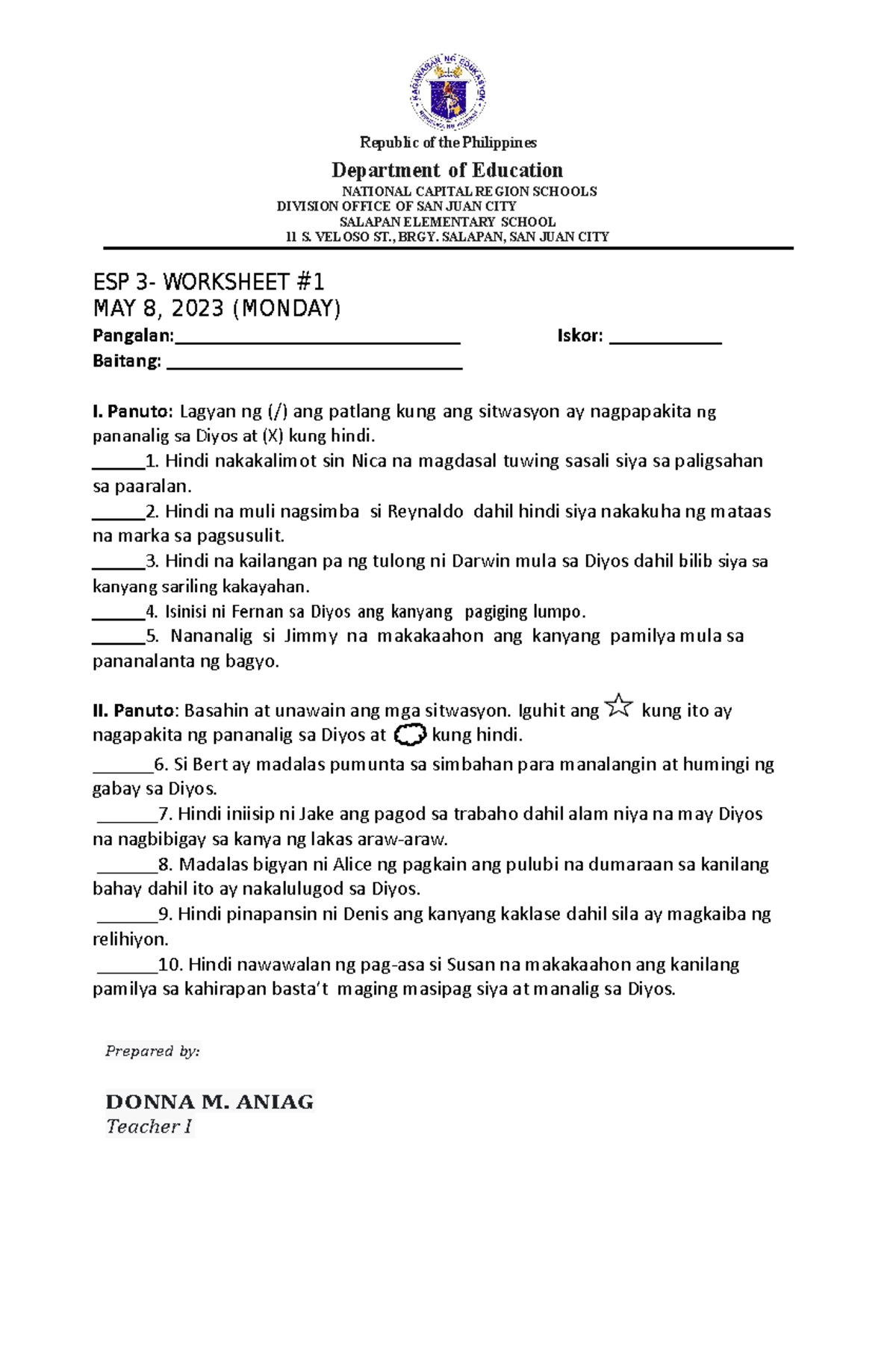 ESP 3- Worksheet 1 Monday April 8, 2023 - Republic of the Philippines ...