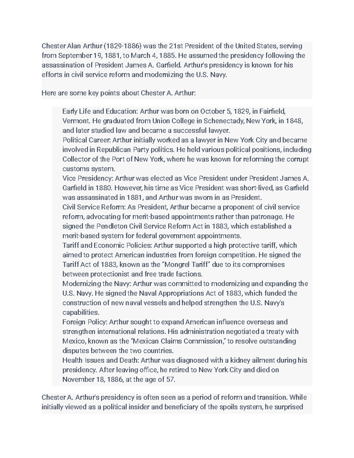 Chester A. Arthur - Chester Alan Arthur (1829-1886) was the 21st ...