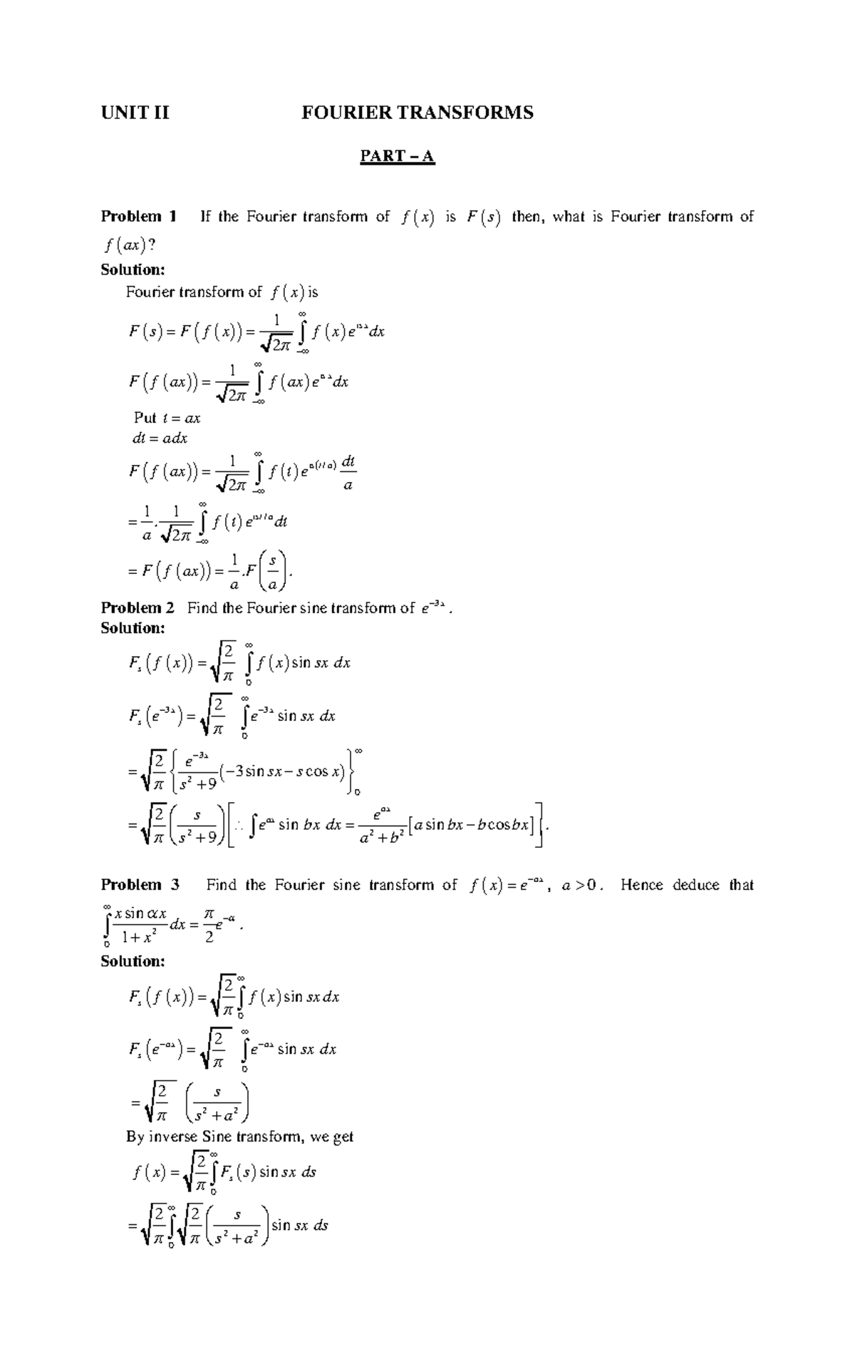 Unit 2 Fourier Transforms Unit Ii Fourier Transforms Part A