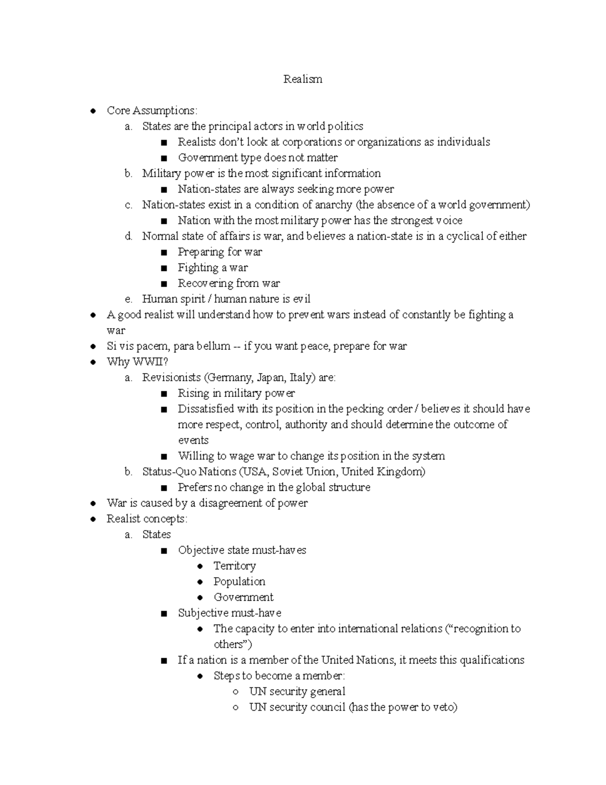 Realism - Dr. Morton – Honors Introduction to World Politics - Realism ...