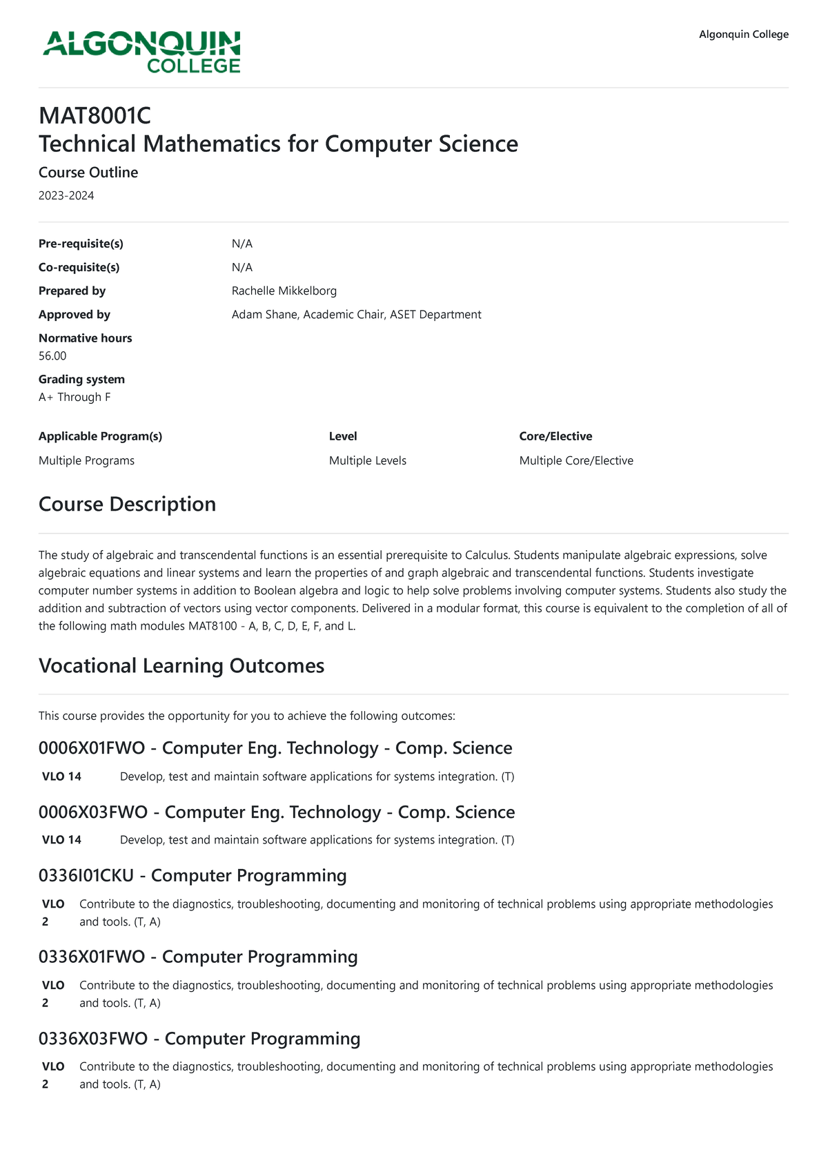 MAT8001C Course Outline - MAT8001C Technical Mathematics for Computer Science Course Outline ...