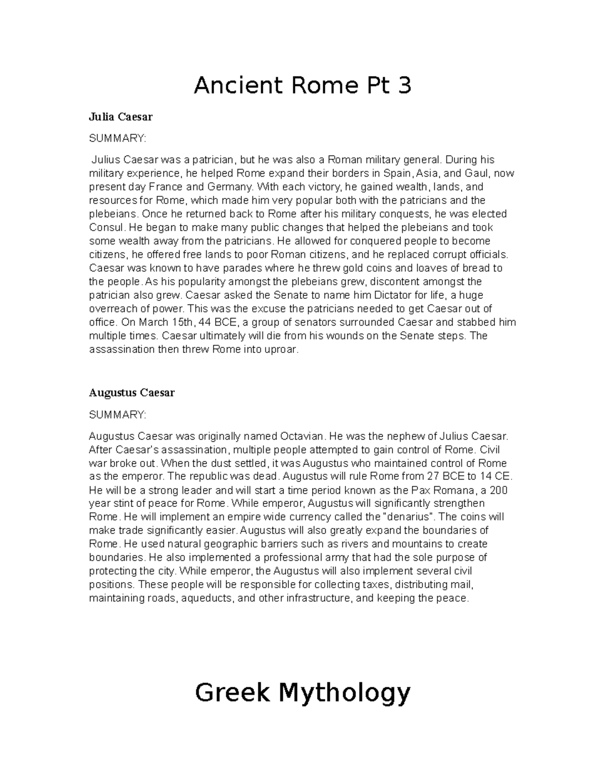 Ancient Rome Pt 3 - Julius caesar lecture notes - Ancient Rome Pt 3 ...