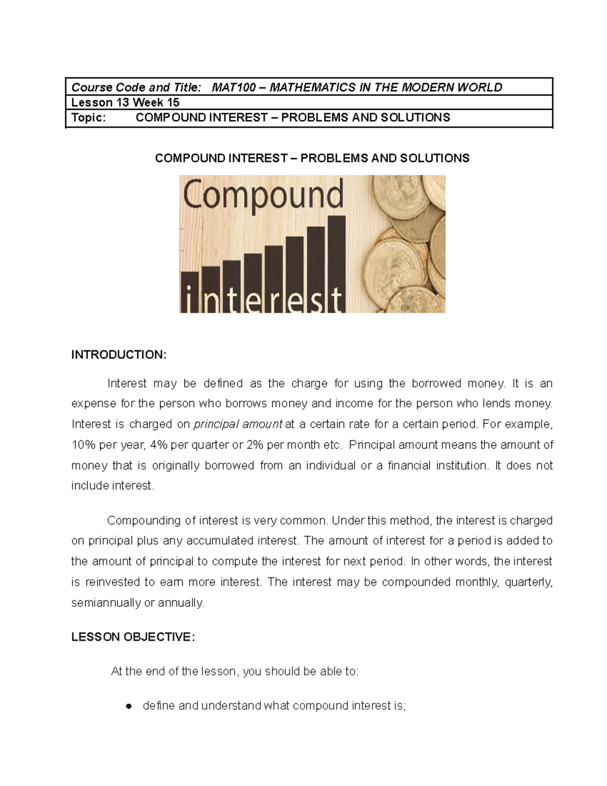 MMW Lesson 13 WEEK 15- Compound Interest - Problems AND Solutions ...