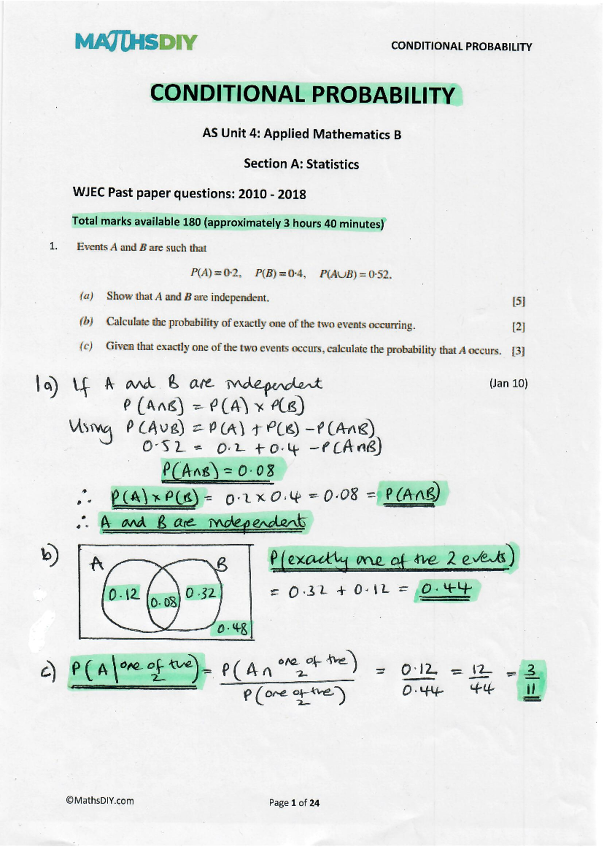 Conditional Probability Teacher Solutions A2 - MATUHDSYIY CONDITIONAL PROBABILITY CONDITIONAL ...